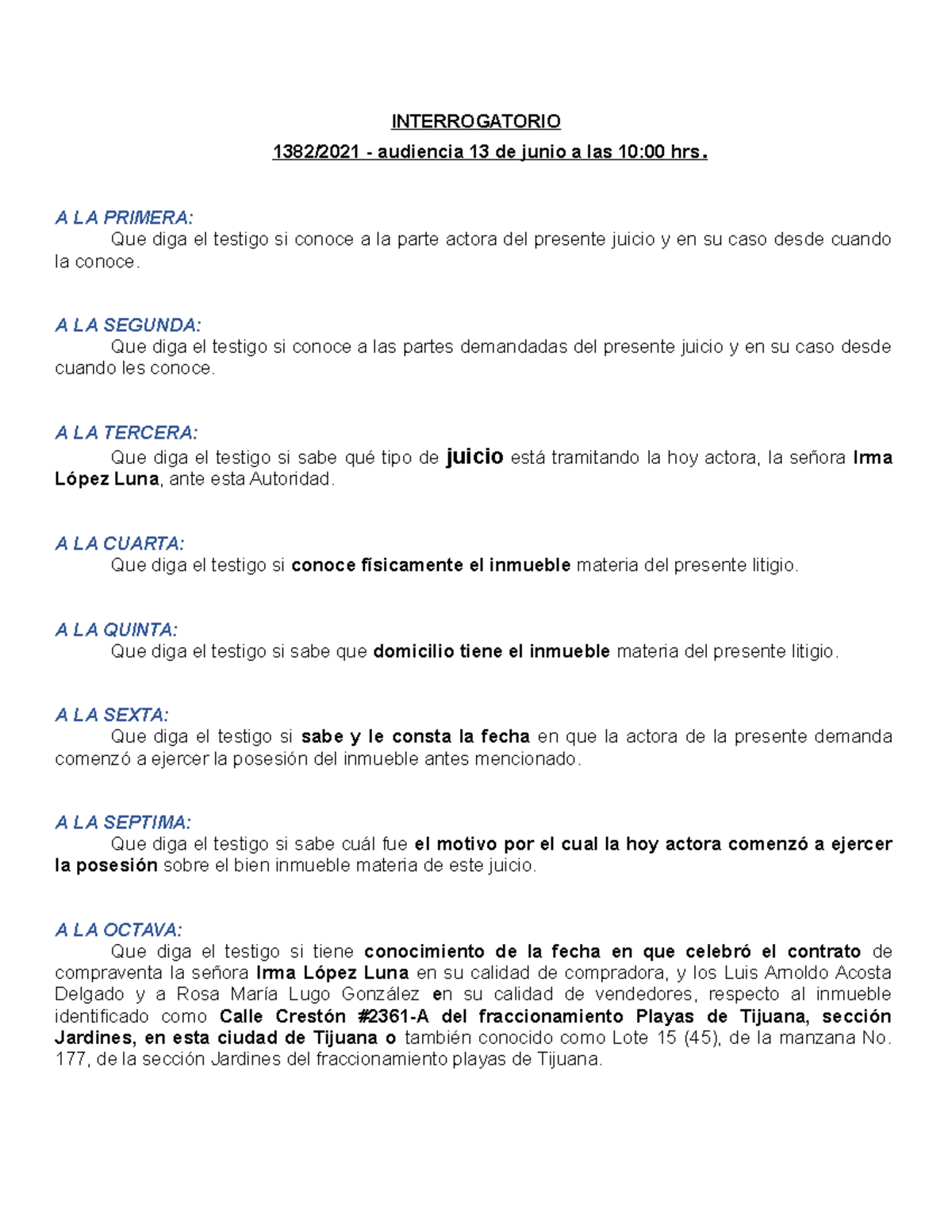 Interrogatorio para audiencia - INTERROGATORIO 1382/2021 - audiencia 13 ...