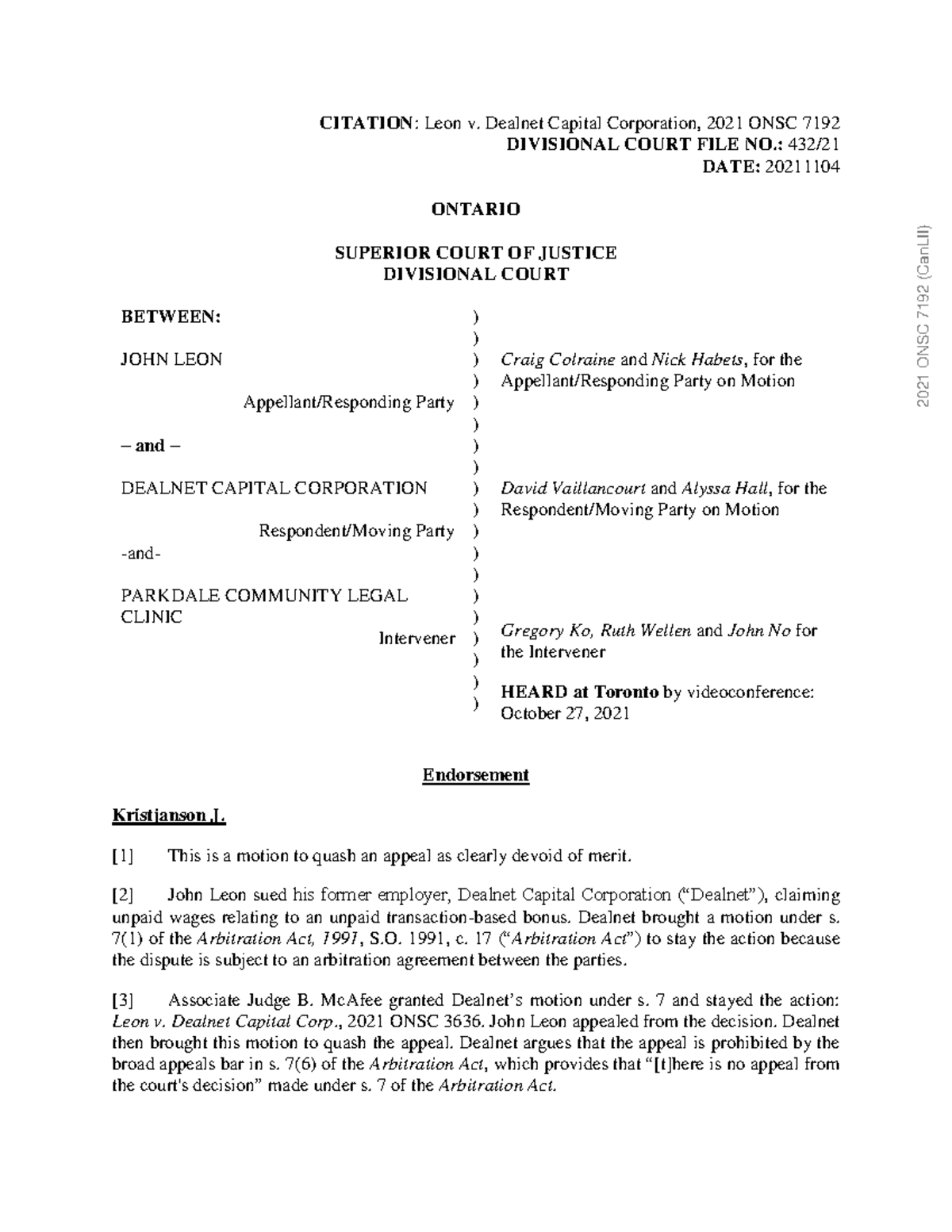 Can LII Case - jijjk - CITATION: Leon v. Dealnet Capital Corporation, 2021 ONSC 7192 DIVISIONAL ...