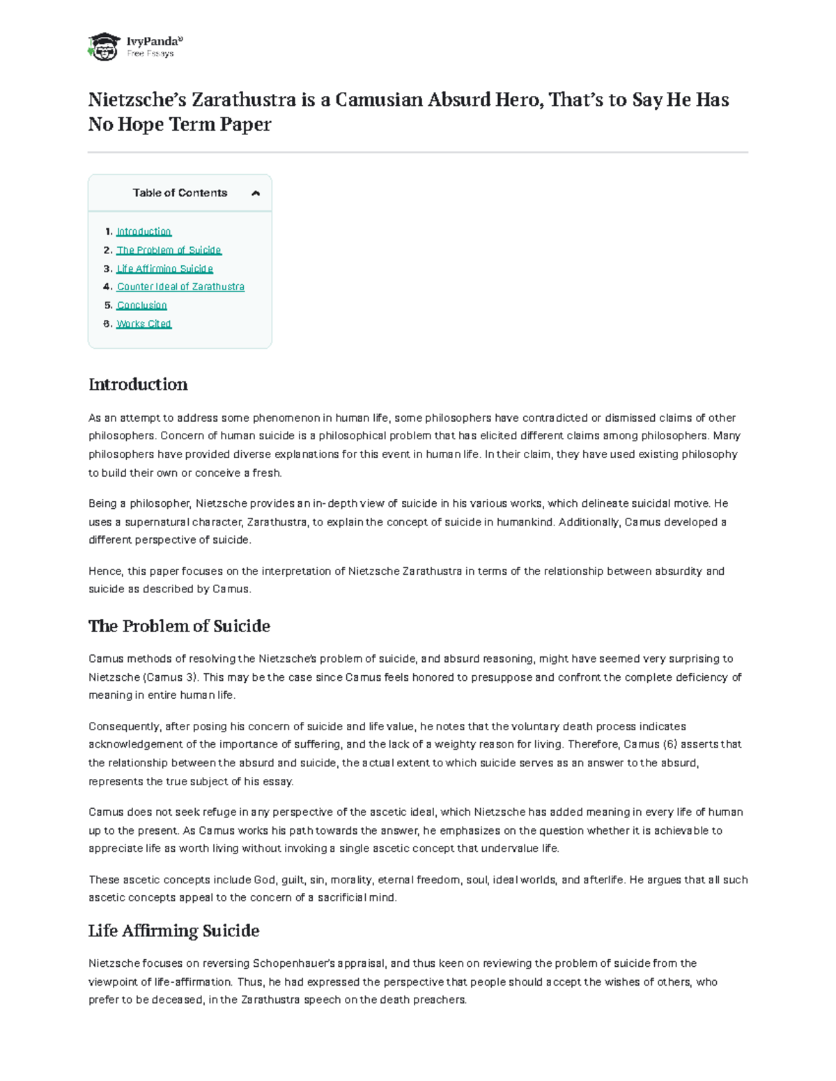 Nietzsche's Zarathustra is a Camusian Absurd Hero, That's to Say He Has ...