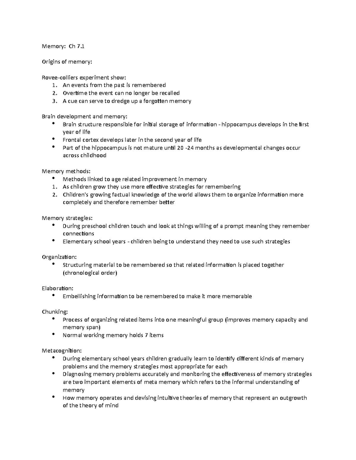 Ch6 2410 - developmental psych 2410b lecture/chapter summary ch6 - Memory: Ch 7. Origins of ...