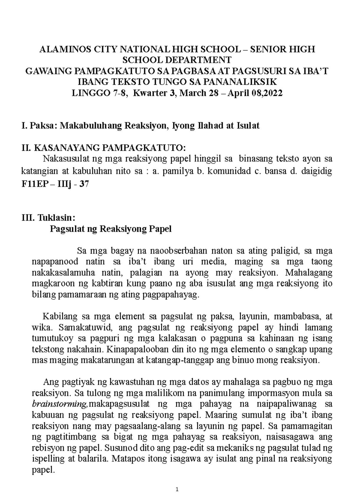 Activitysheet- Filipino-11 Pagbasa-at pagsusuri -DOCX - ALAMINOS CITY ...