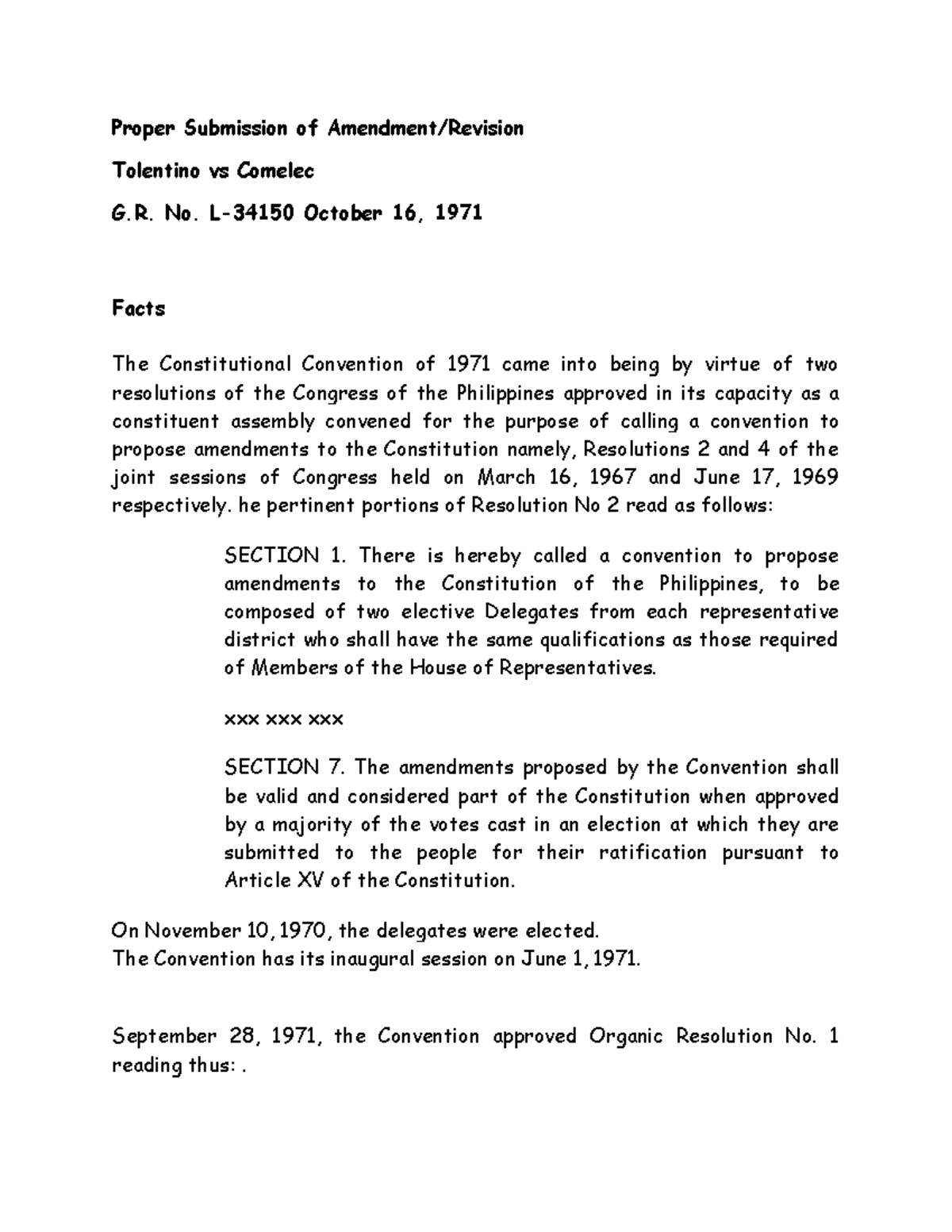 Tolentino vs Comelec - Case Digest - Proper Submission of Amendment ...