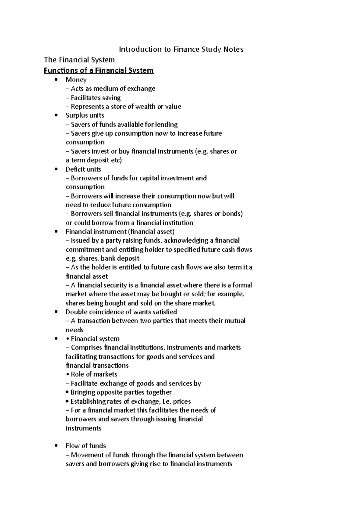 Introduction to Finance Study Notes - shares or a term deposit etc ...