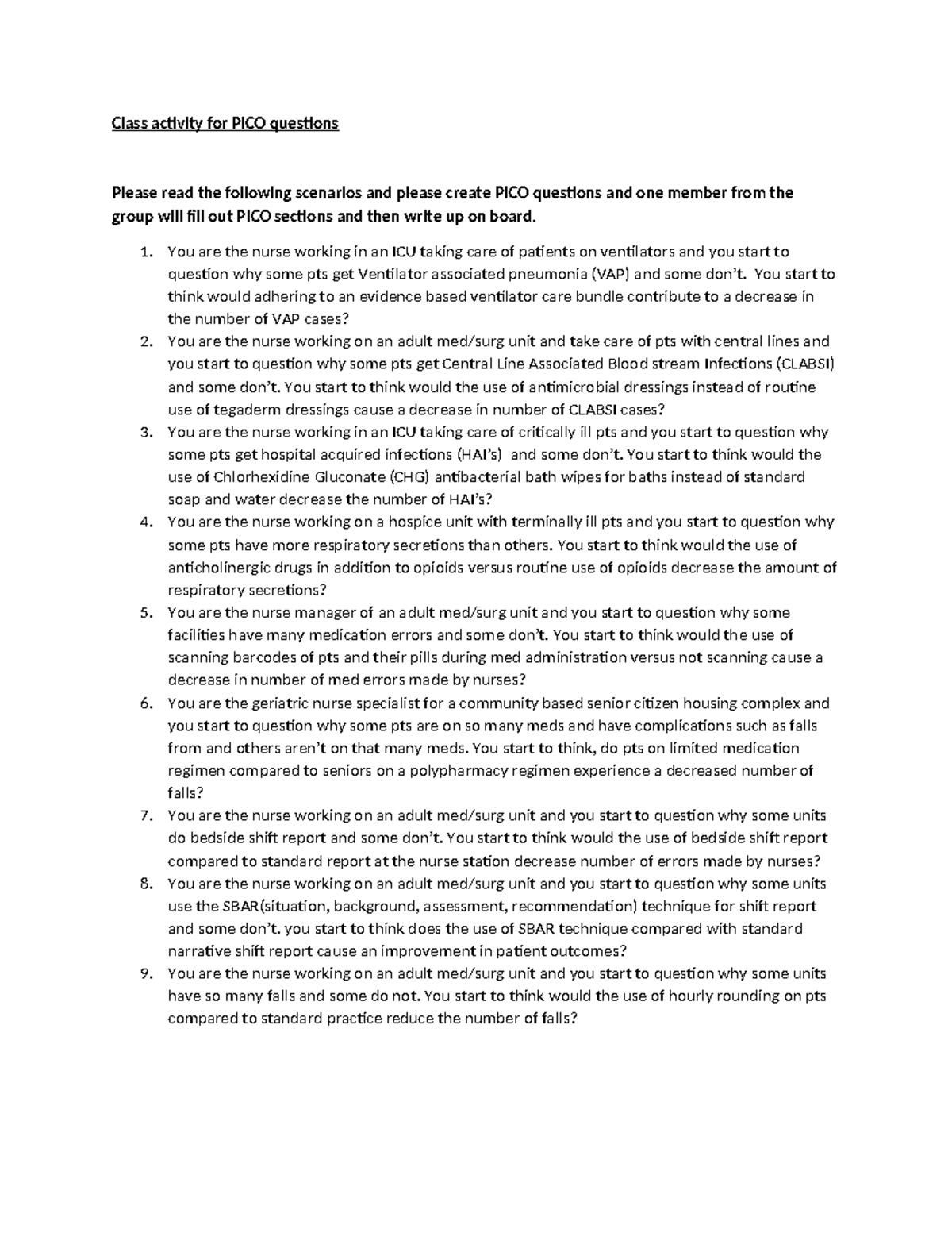 PICO Class activity 31219 - Class activity for PICO questions Please read the following ...