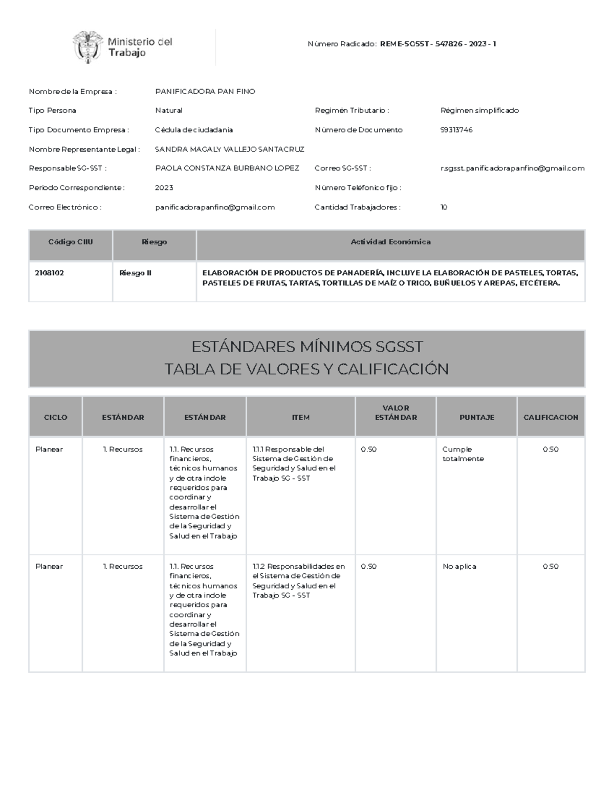 Certificado Ministerio DE Trabajo PAN FINO 2024 - Número Radicado: REME ...