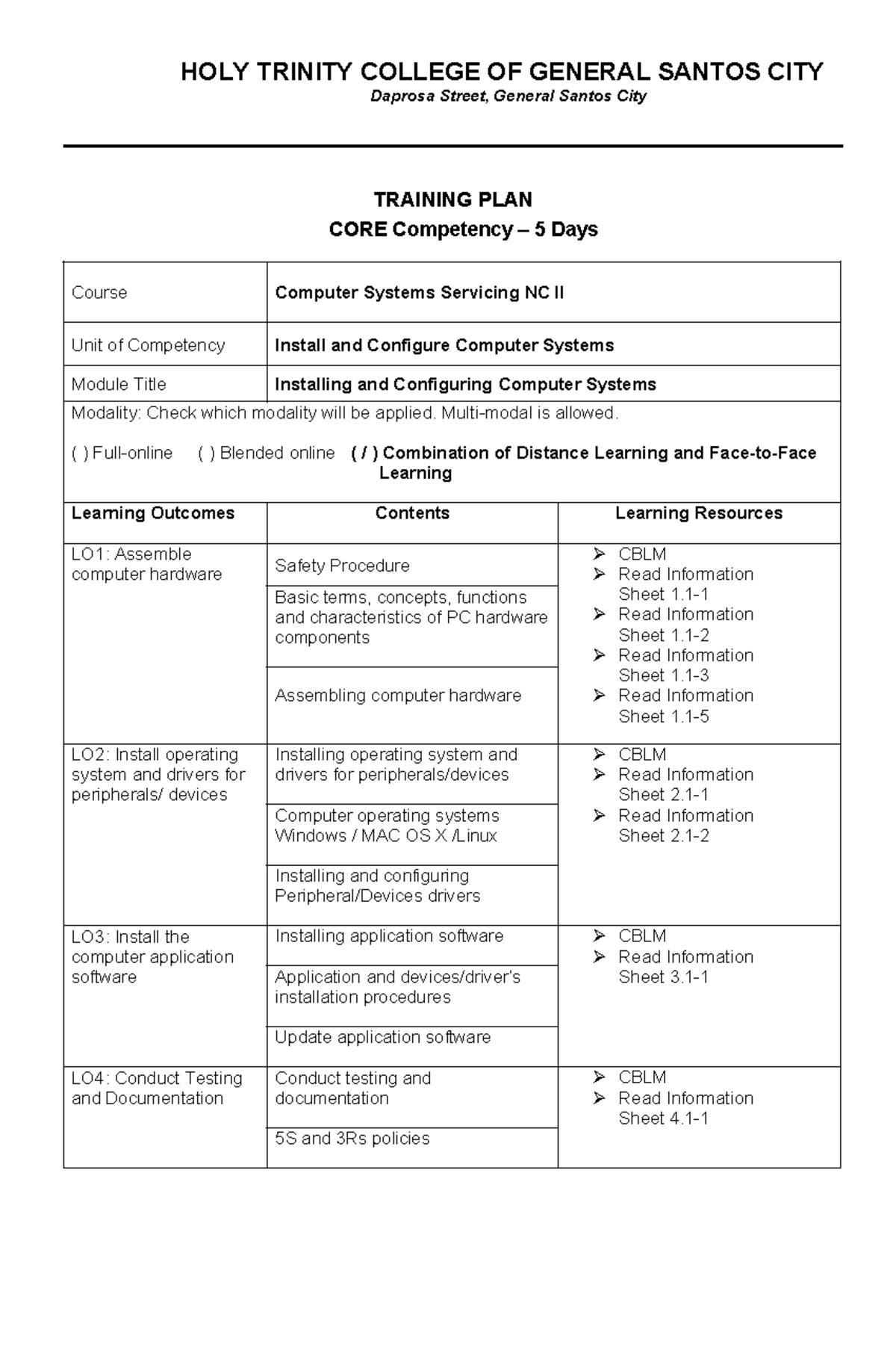 Css nc ii training plan - Daprosa Street, General Santos City TRAINING ...