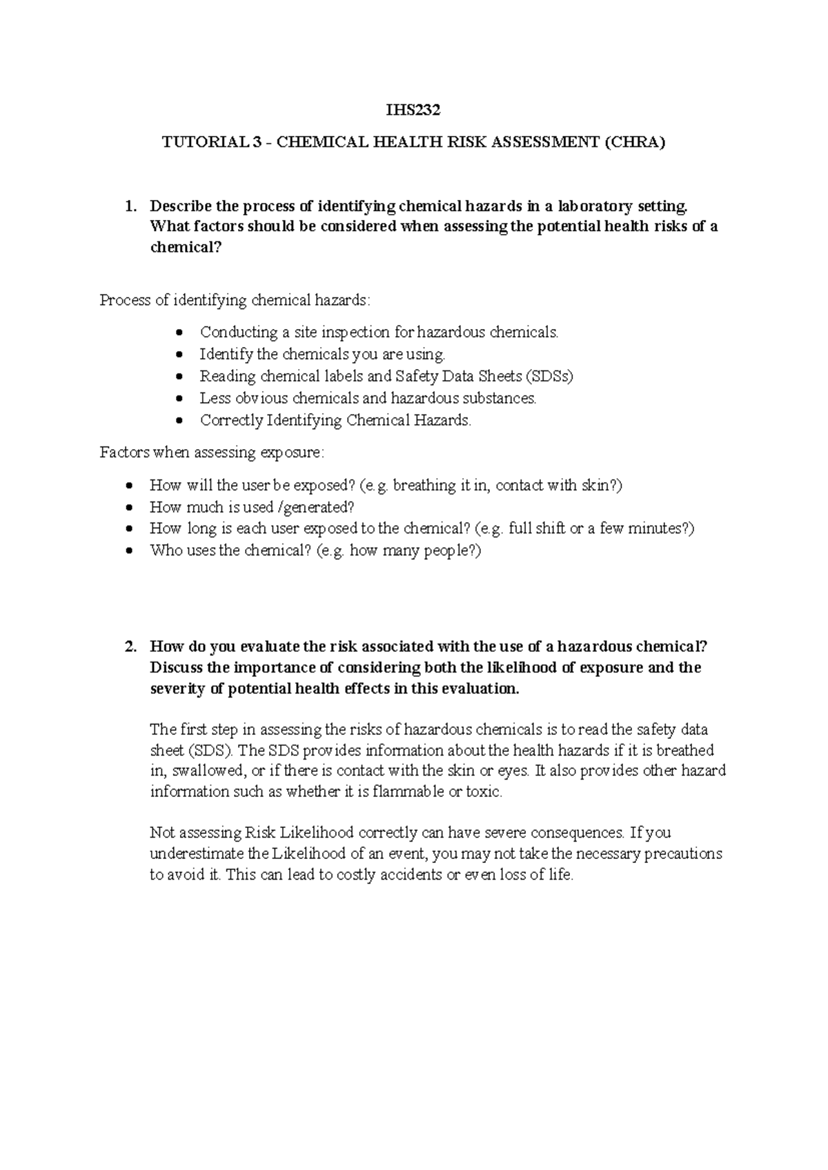 IHS232 - Tutorial 3 - IHS TUTORIAL 3 - CHEMICAL HEALTH RISK ASSESSMENT ...