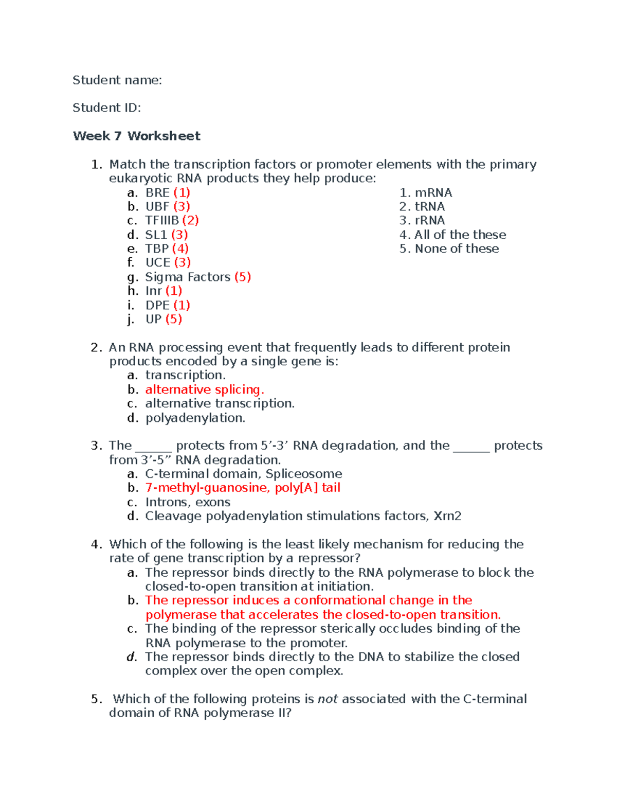 Week 7 worksheet answer key - Student name: Student ID: Week 7 ...