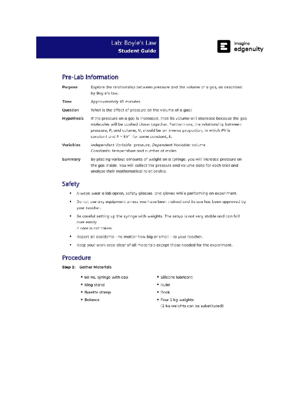 Lab Boyle's Law - lab - Lab: Law E imagine Student Guide edgenuity ...