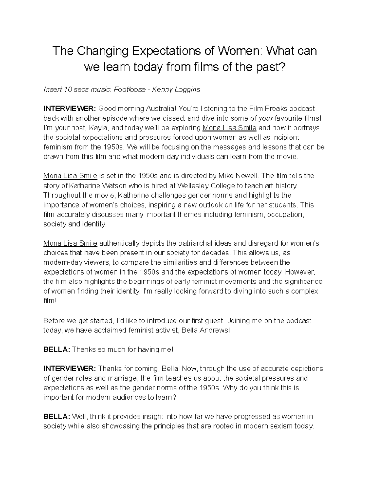 Copy of Gender In Film Assessment - The Changing Expectations of Women ...