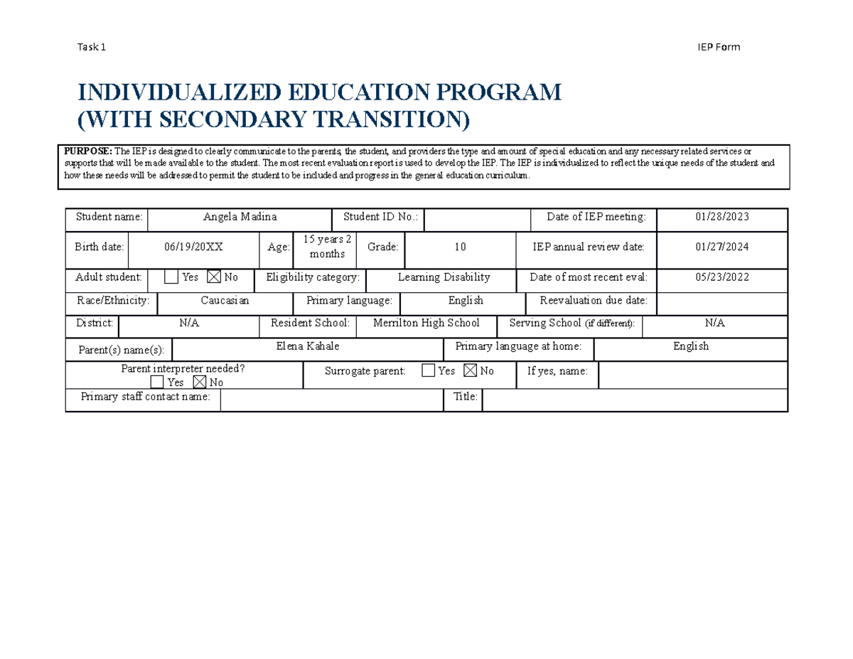 IEP Form - IEP task - passed - INDIVIDUALIZED EDUCATION PROGRAM (WITH ...