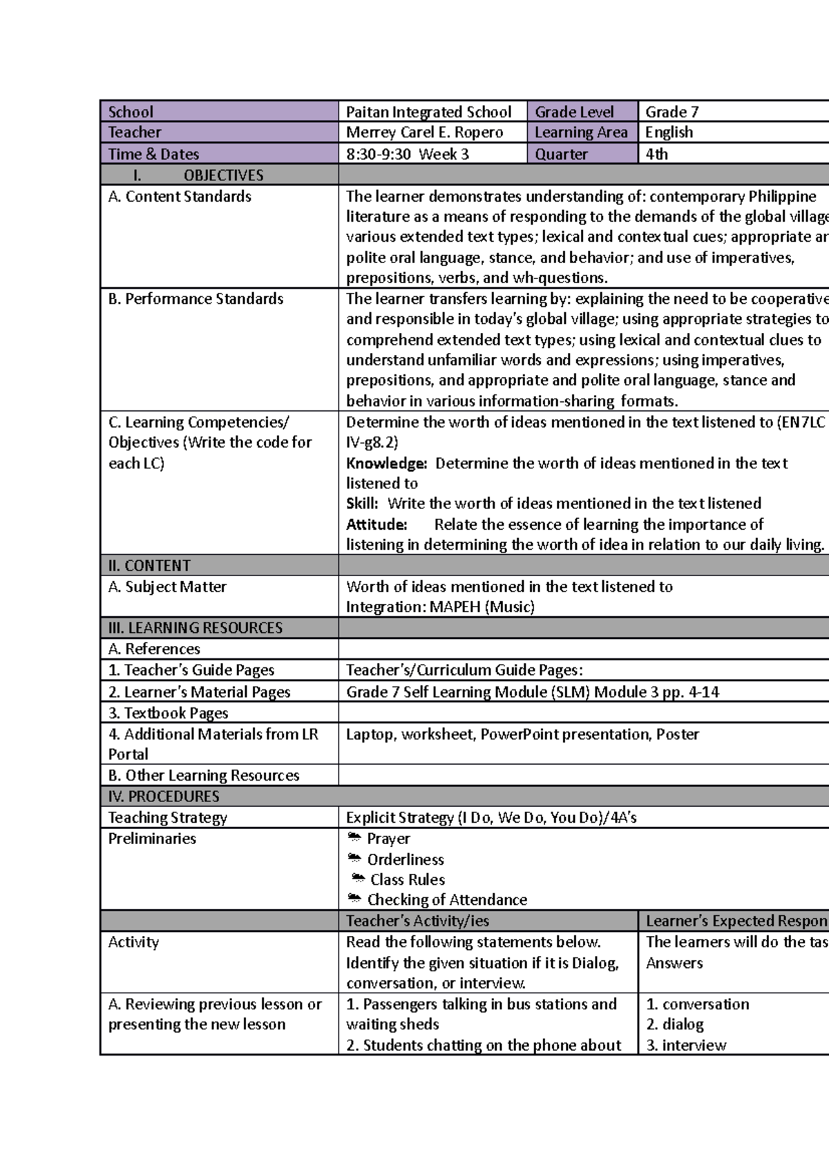 Final COT - classroom observation lesson plan - School Paitan ...