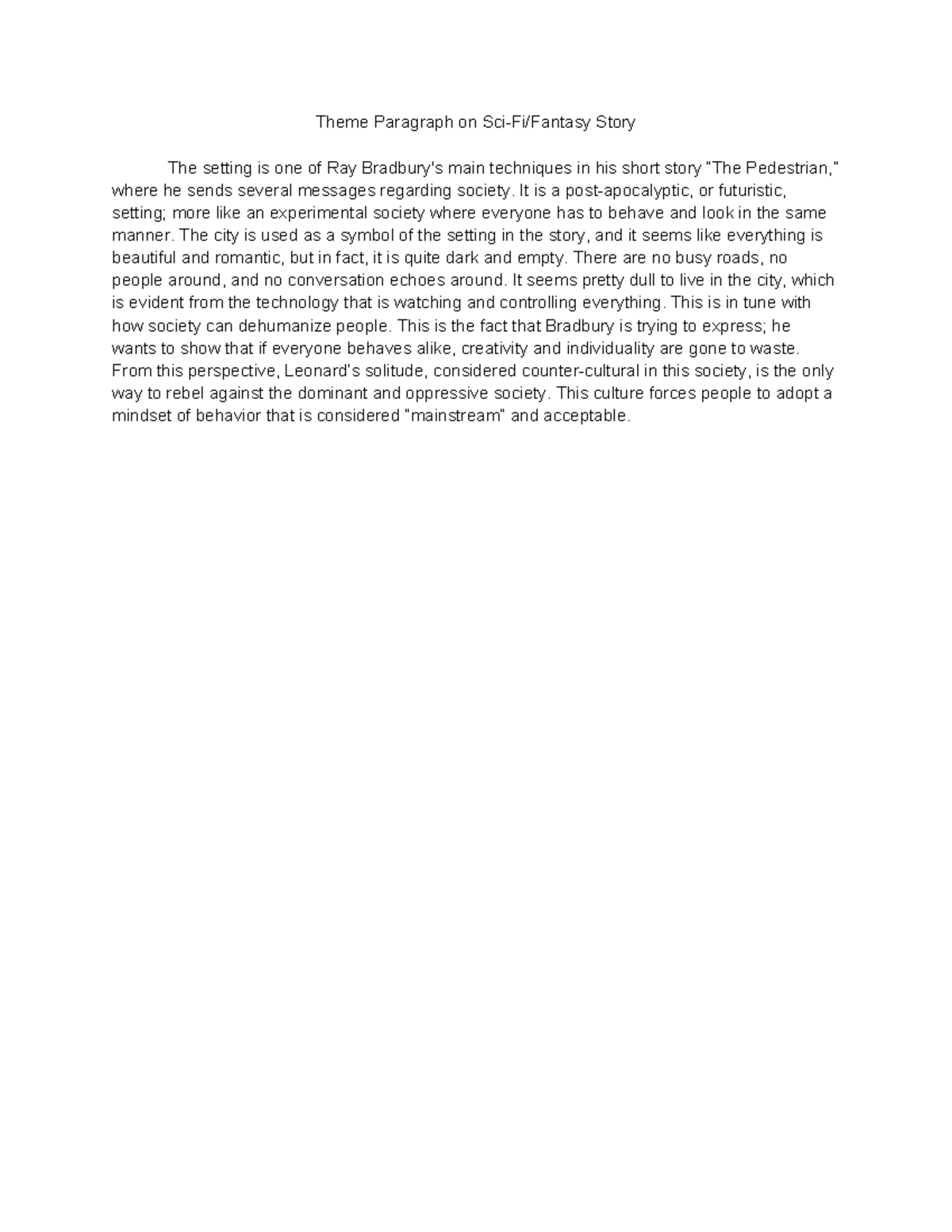 Fantasy Story - Theme Paragraph on Sci-Fi/Fantasy Story The setting is ...
