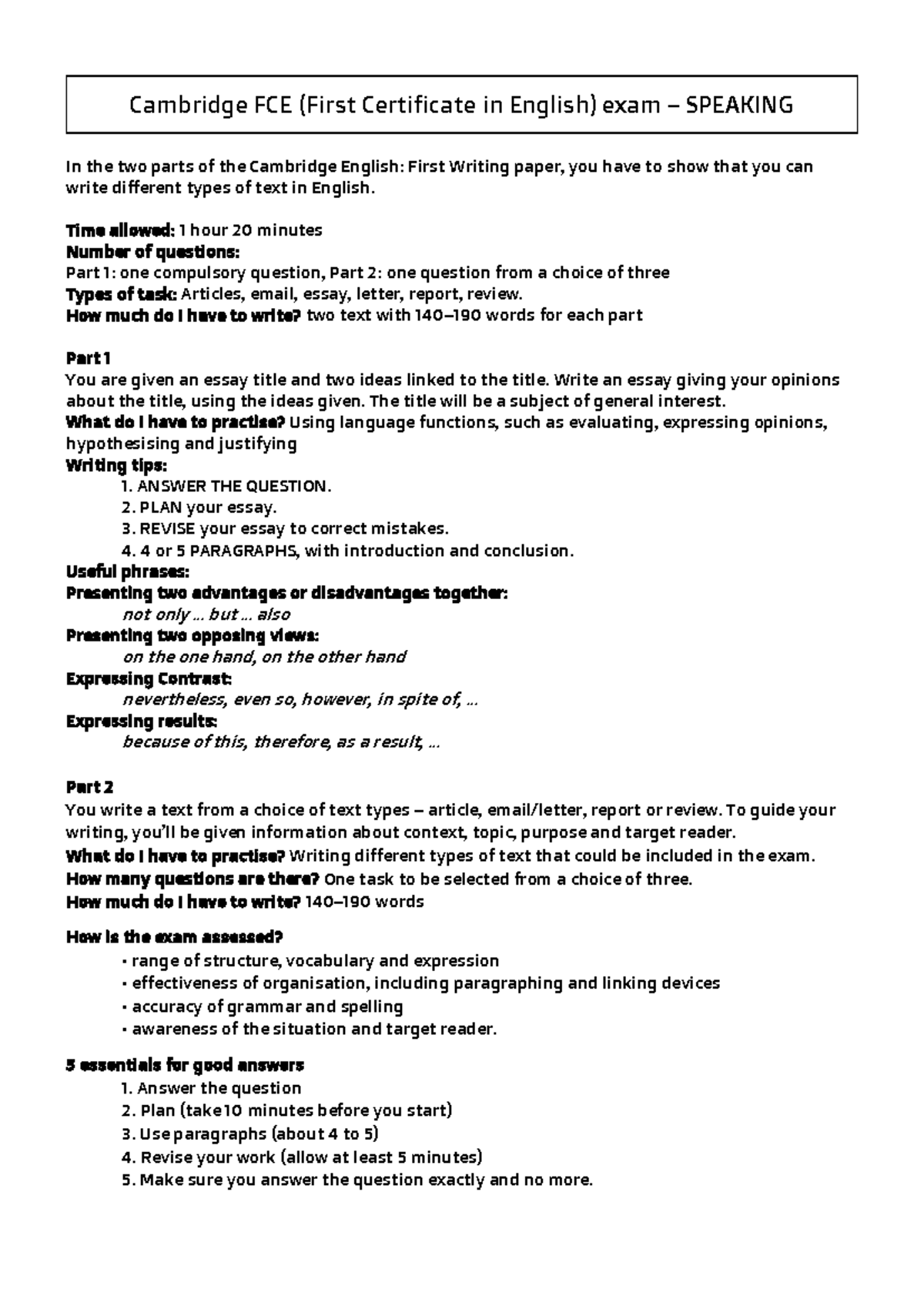 Handout - FCE Writing - Cambridge FCE (First Certificate in English ...