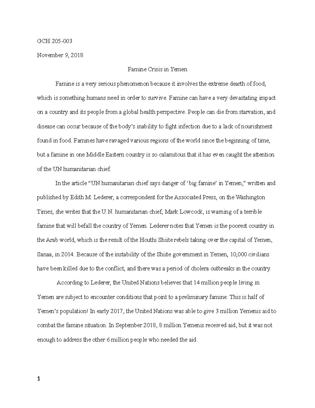 GCH-205-003 Humanitarian Emergencies Current Events Assignment Document ...