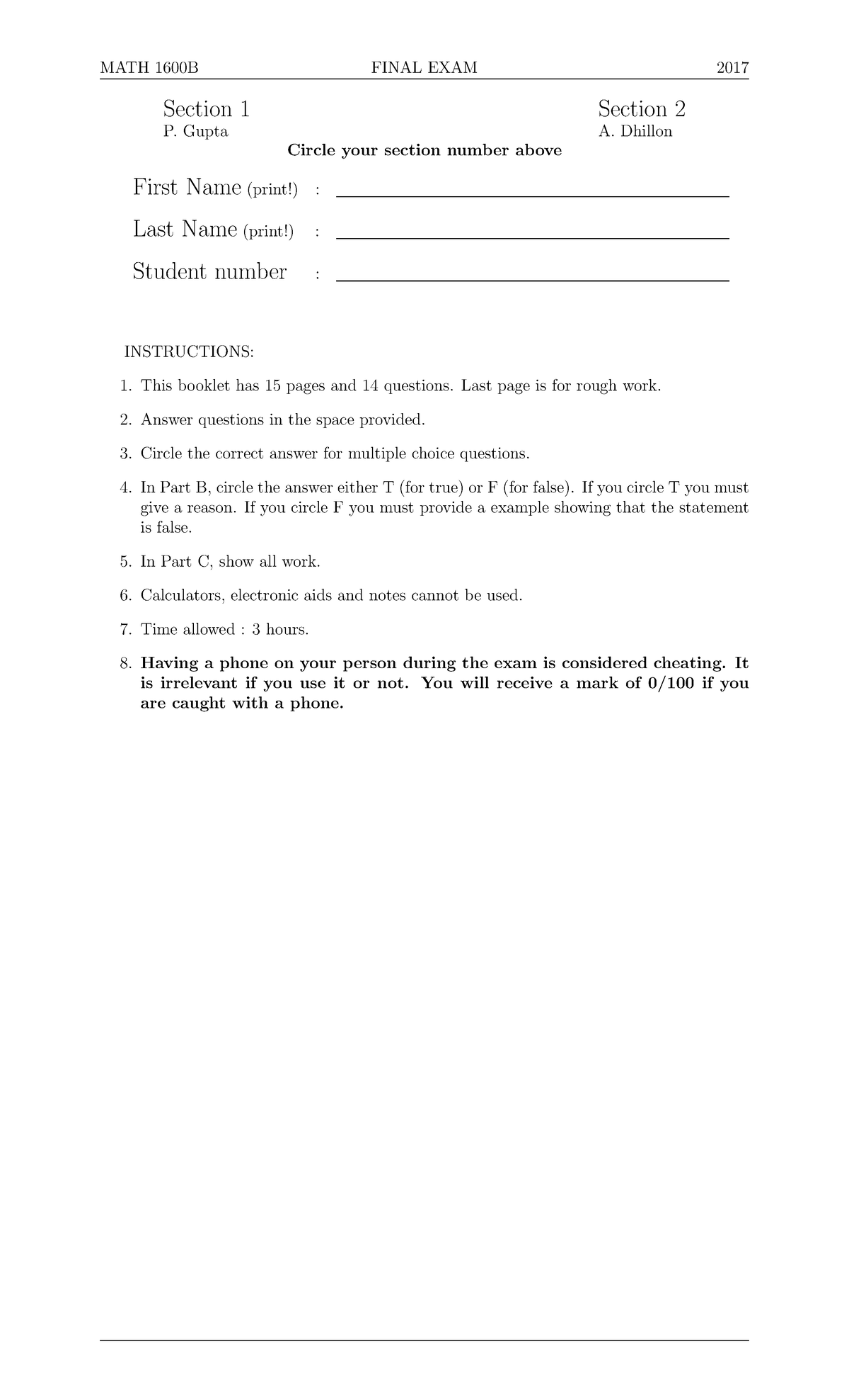 Final 2017 - Math 1600 exam - ####### MATH 1600B FINAL EXAM 2017 ...