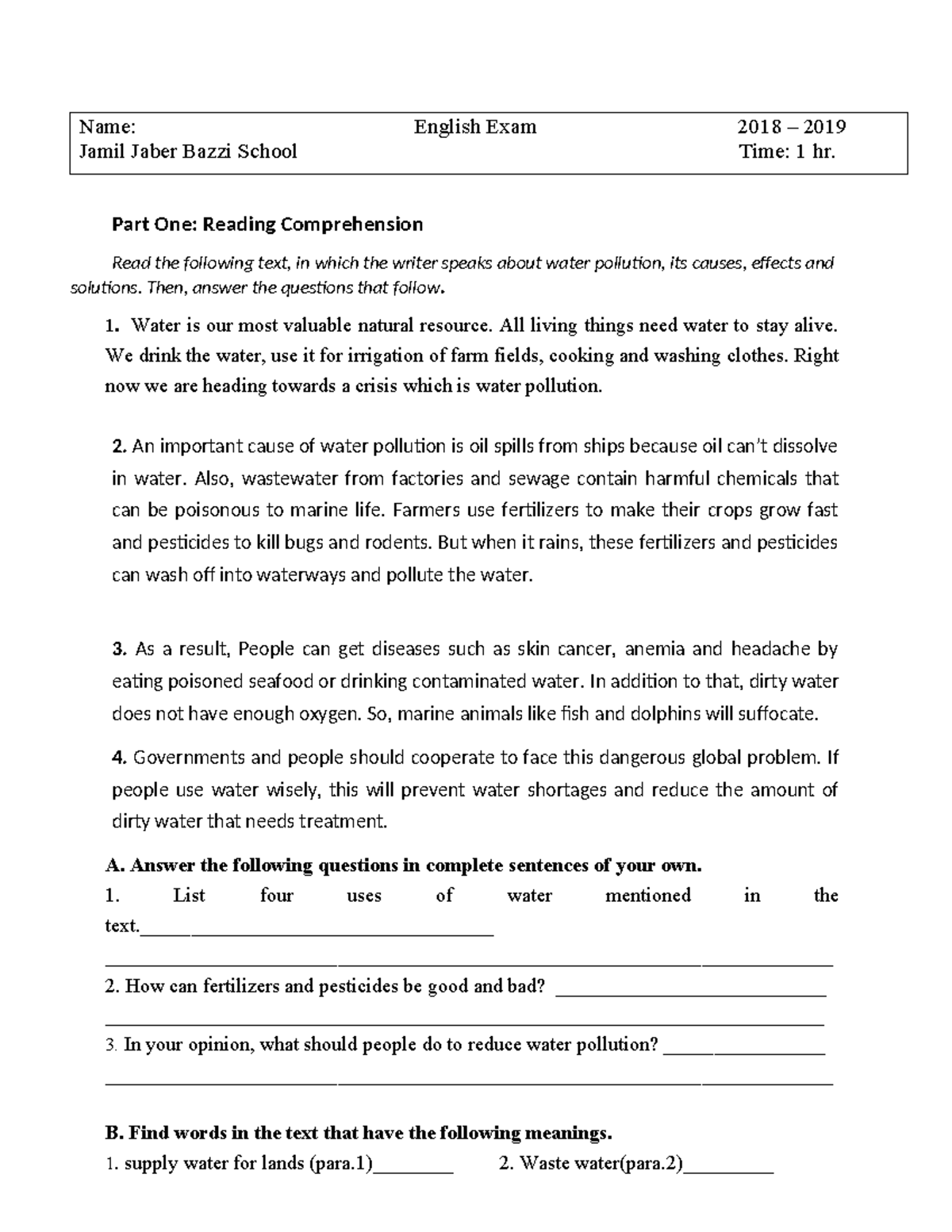 Entrance exam grade 7 - self tlearning - Name: English Exam 2018 – 2019 ...