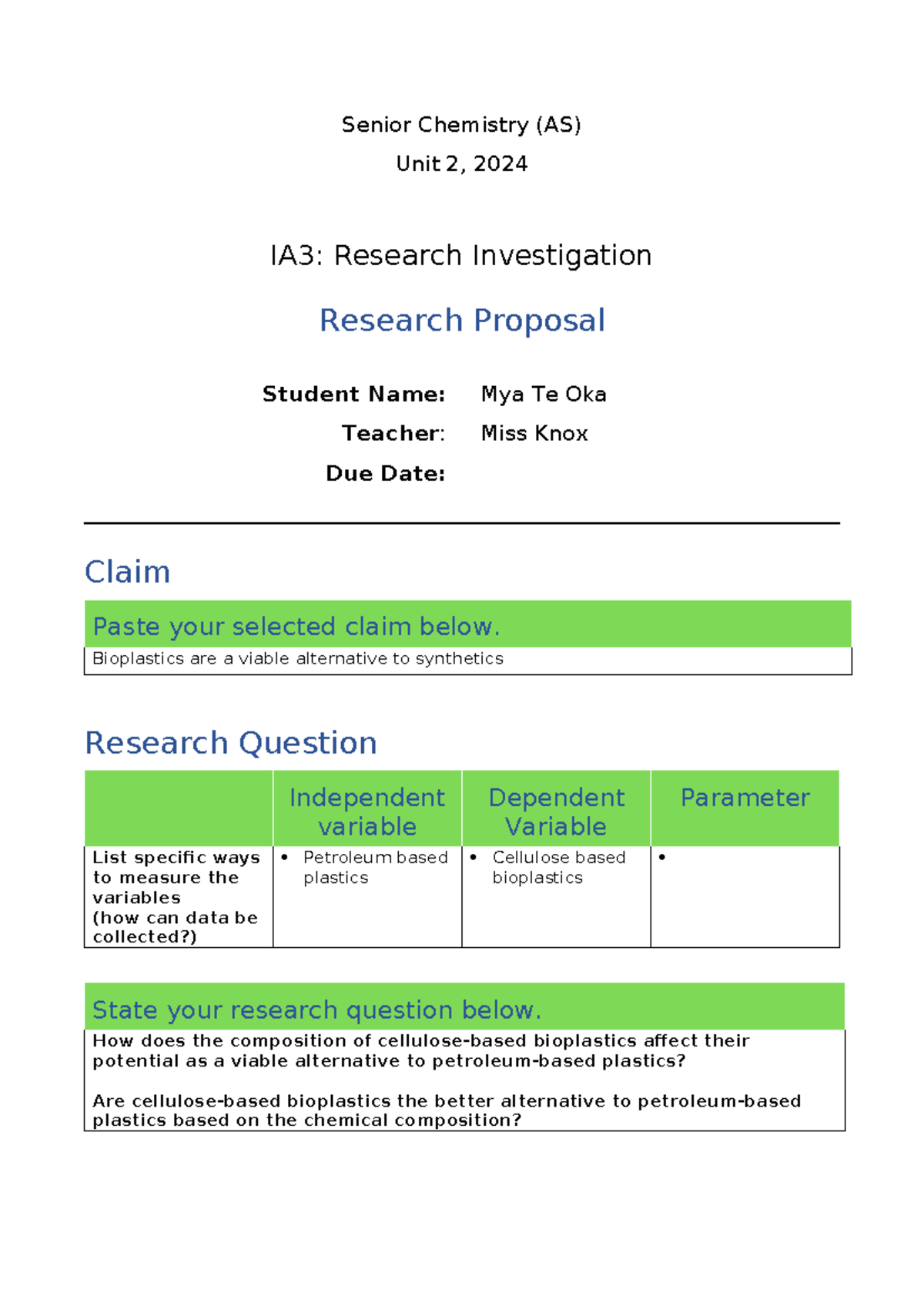 CHEM IA3 Planning - Senior Chemistry (AS) Unit 2, 2024 IA3: Research ...