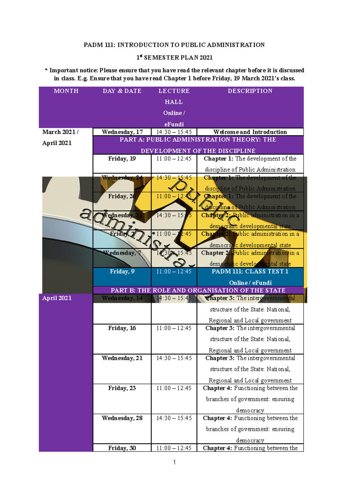 Semester Plan Eng 2021 - PADM 111: INTRODUCTION TO PUBLIC ...