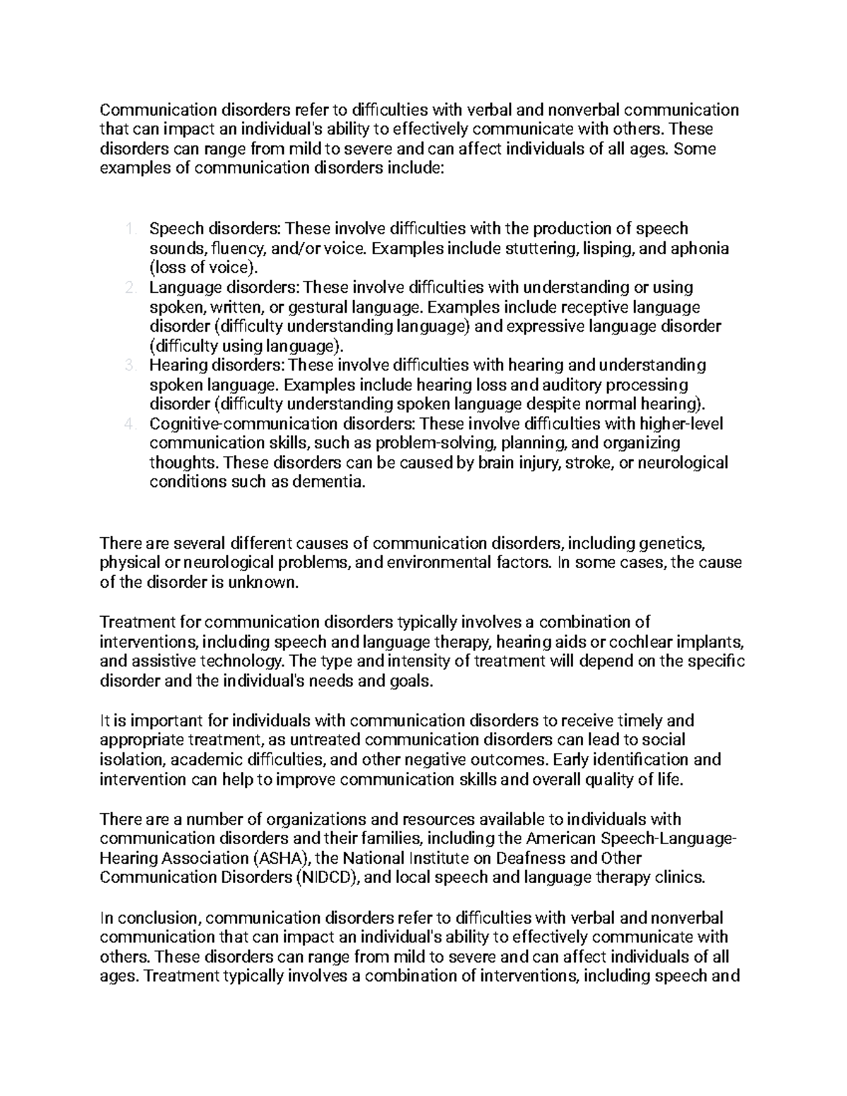 Intro to communication disorders - Communication disorders refer to ...