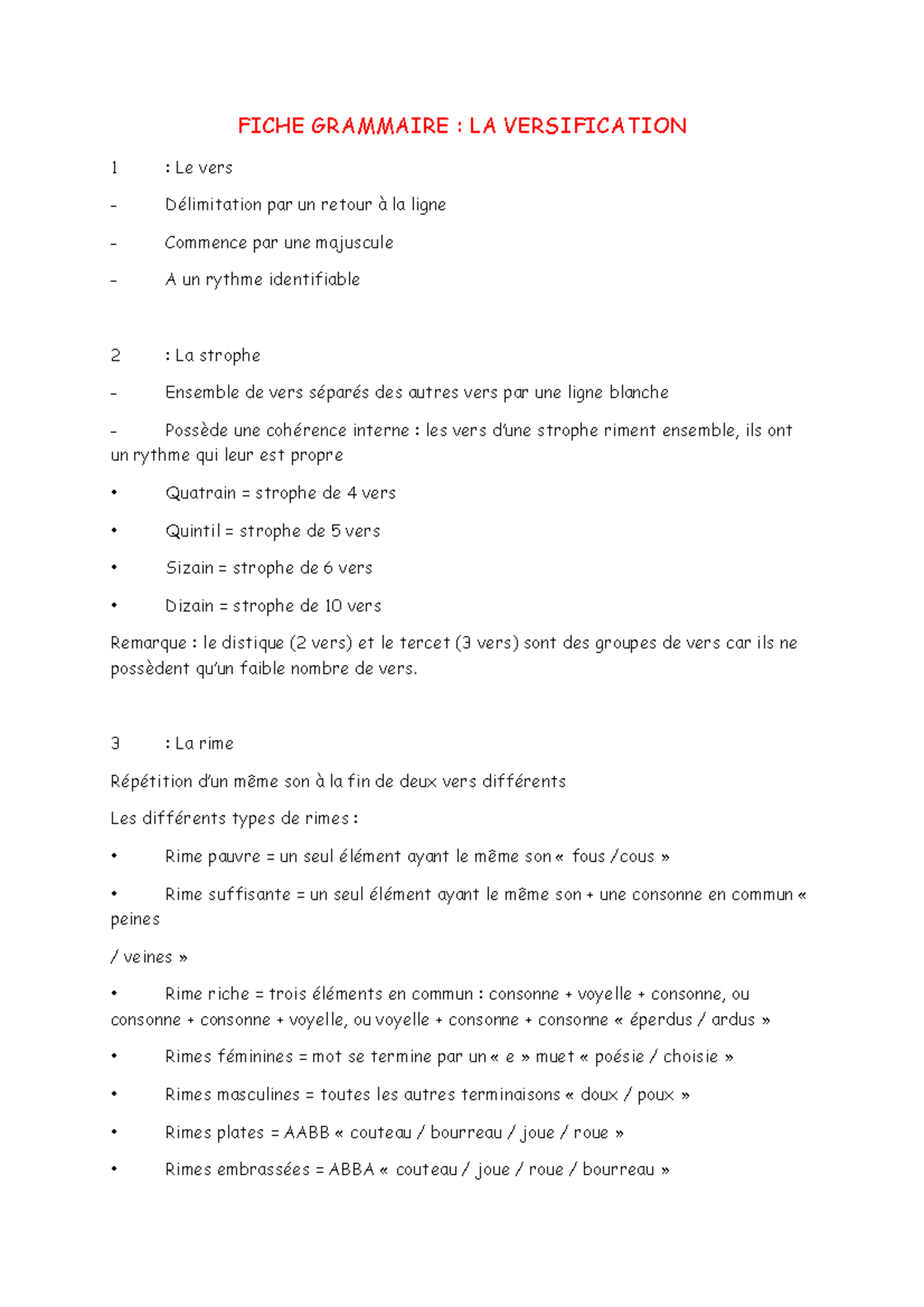 Fiche Grammaire La versification - FICHE GRAMMAIRE : LA VERSIFICATION 1 ...