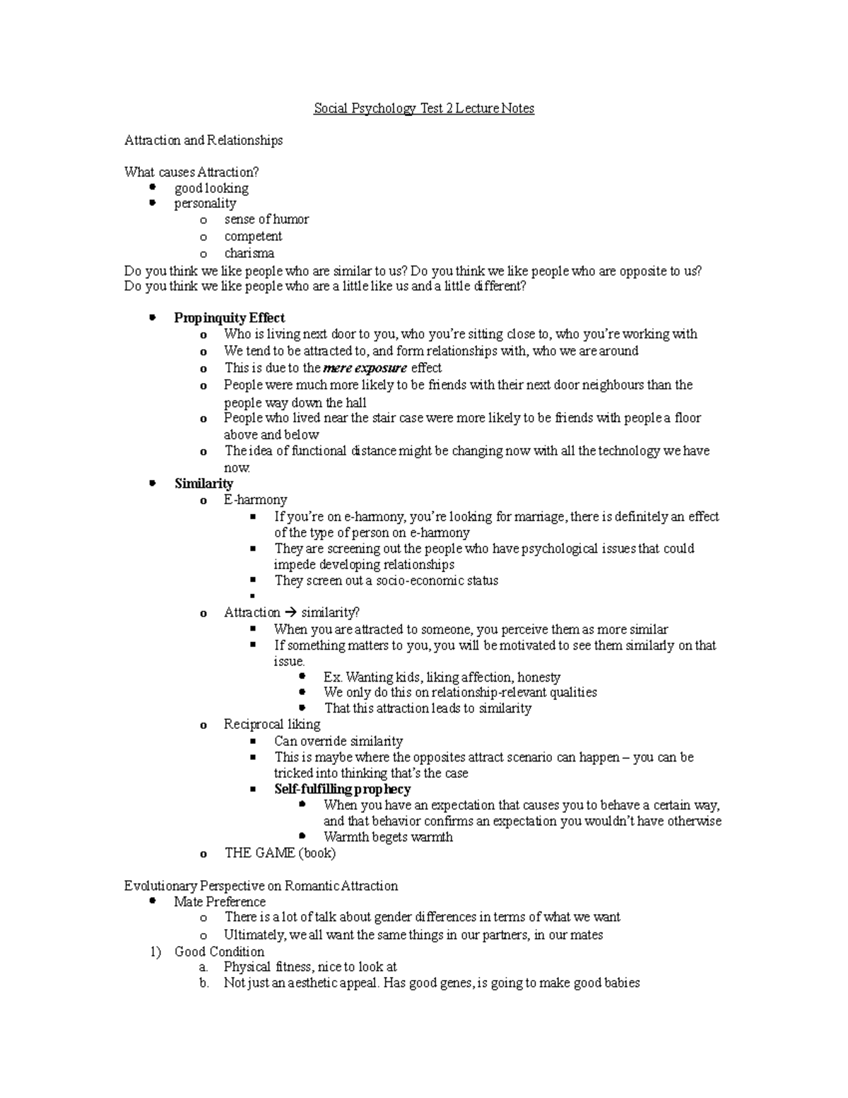 Social Psychology Test 2 Lecture Notes - Similarity o E-harmony If you ...