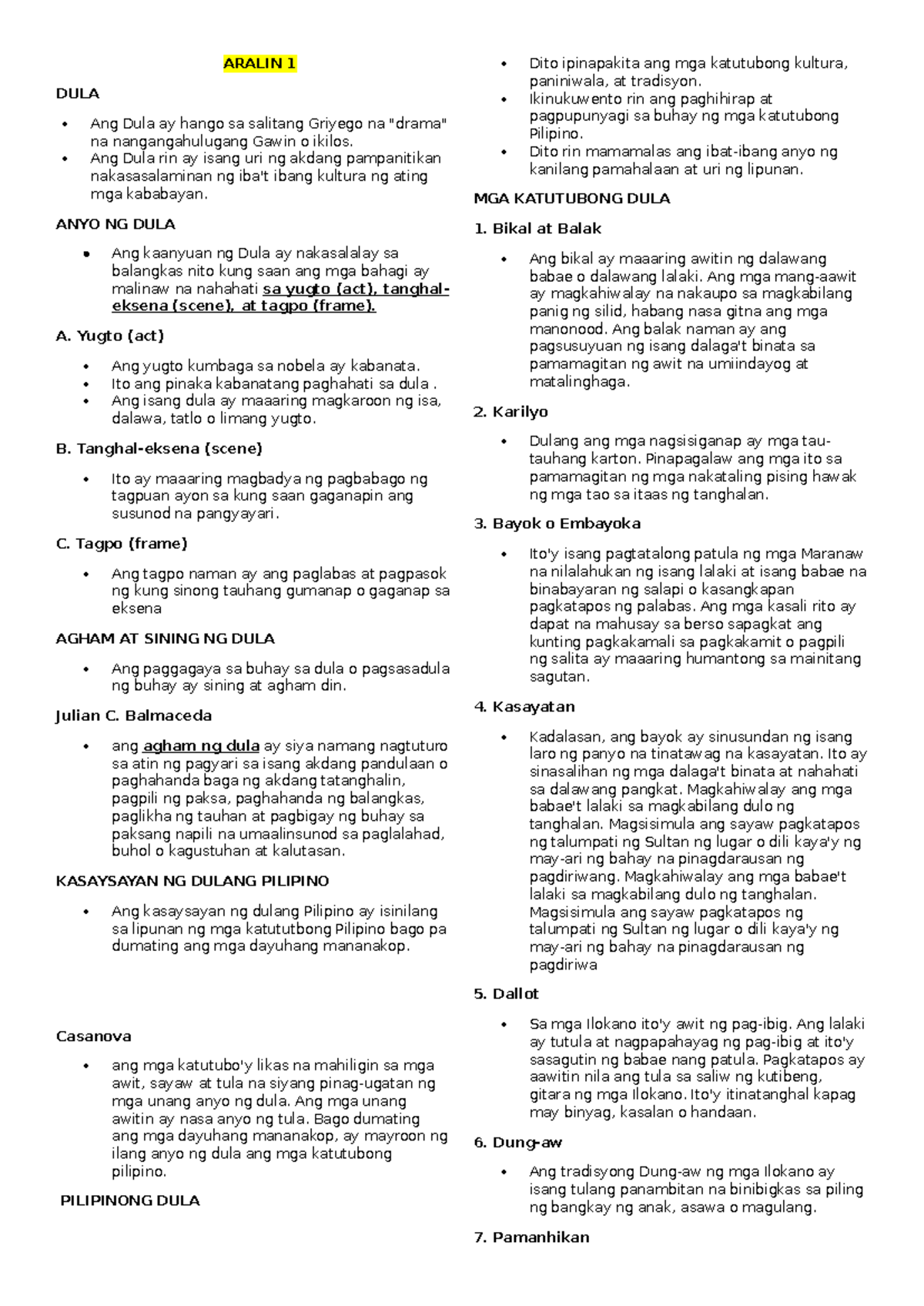 Aralin 1 Dulaang Filipino - ARALIN 1 DULA Ang Dula ay hango sa salitang ...