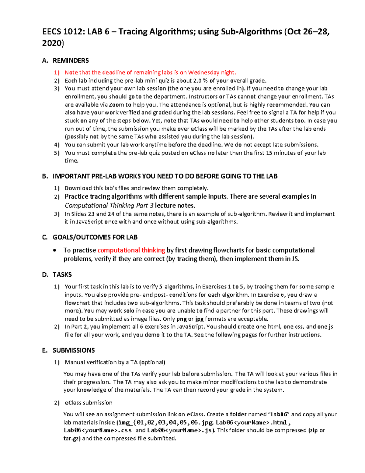 Lab06 information technology - EECS 1012: LAB 6 – Tracing Algorithms ...