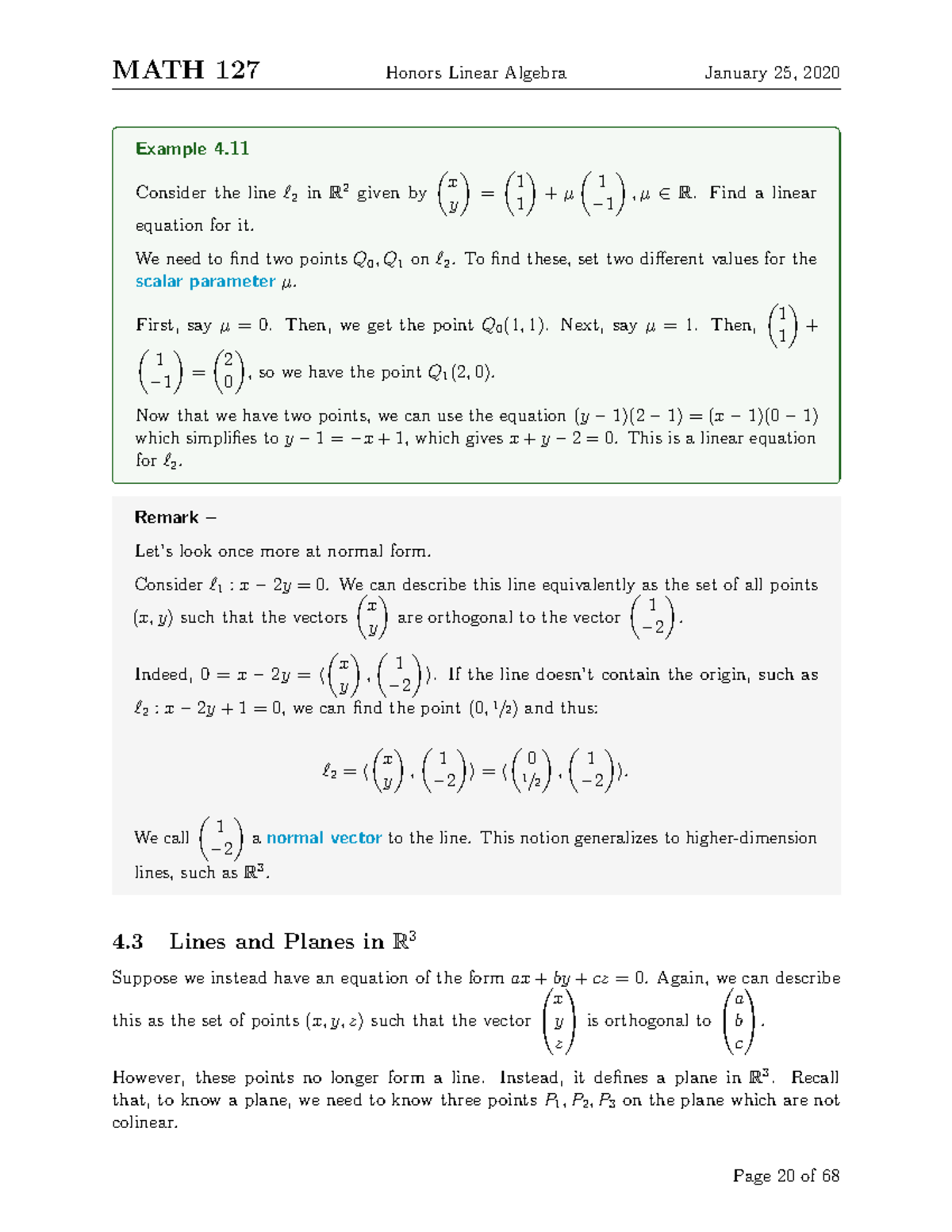 MATH 235-20 - Lecture notes 20 - MATH 127 Honors Linear Algebra January ...