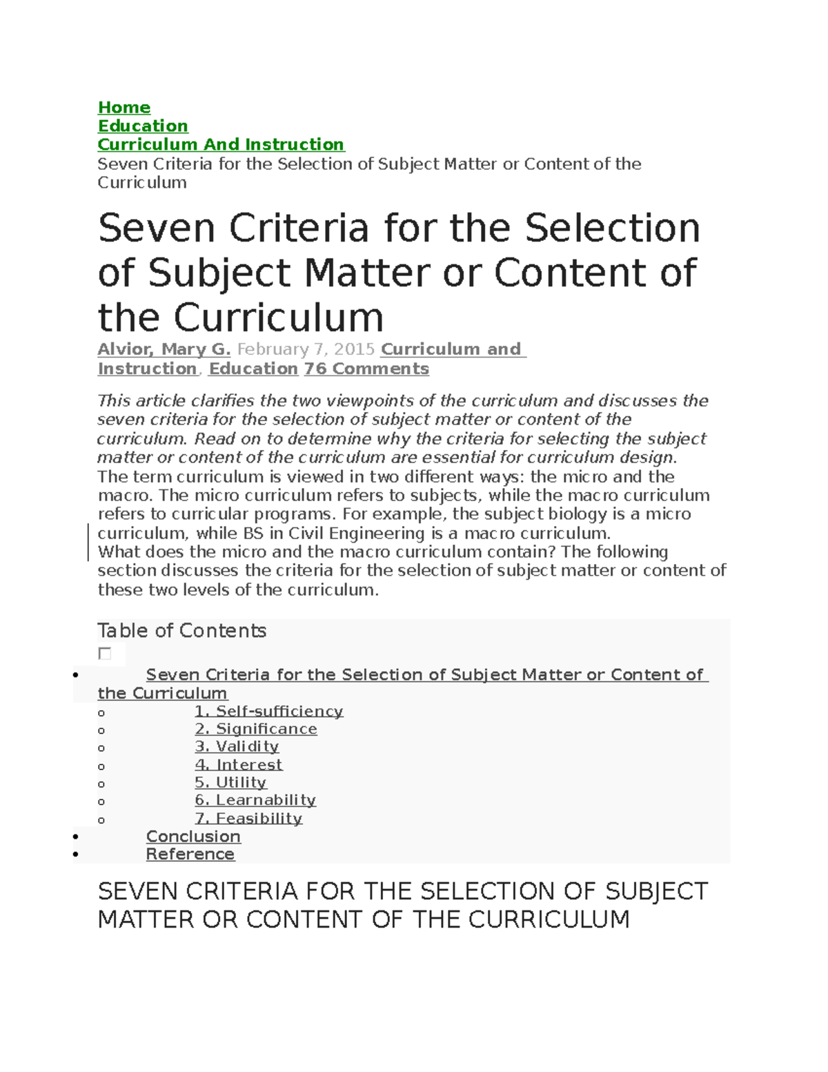 Home - Home Education Curriculum And Instruction Seven Criteria for the Selection of Subject ...