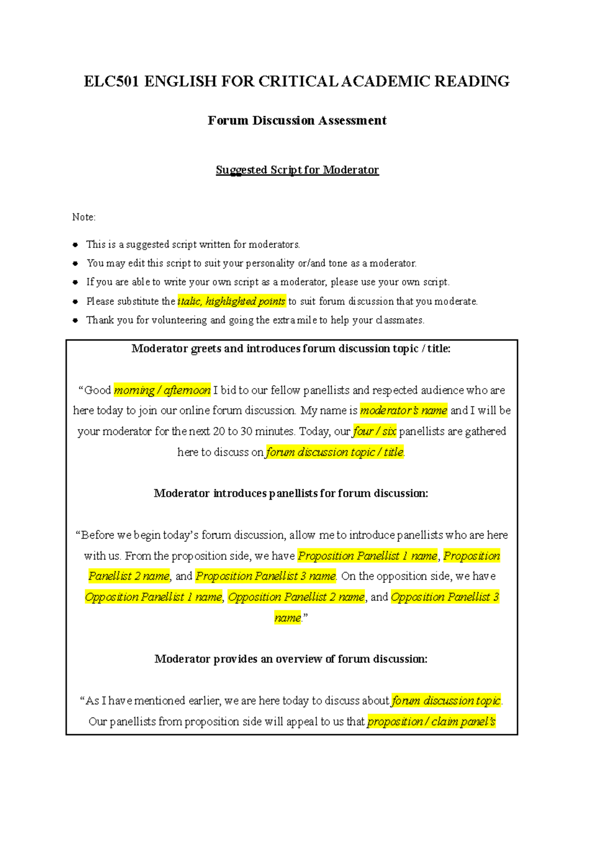 ELC501 Forum Discussion Guidance FOR Moderator - ELC501 ENGLISH FOR ...