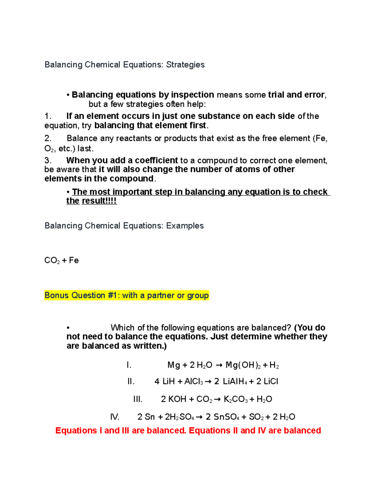 Chem 3 - Chemistry 1001- notes fall 2020 - Balancing Chemical Equations ...