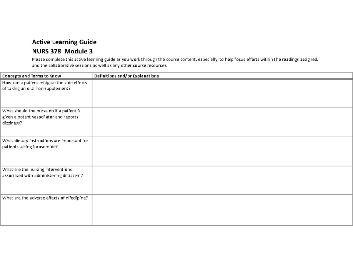 NUR378 Mod 3 - Module 3 main areas of study to prep for exam - Active Learning Guide NURS 378 ...