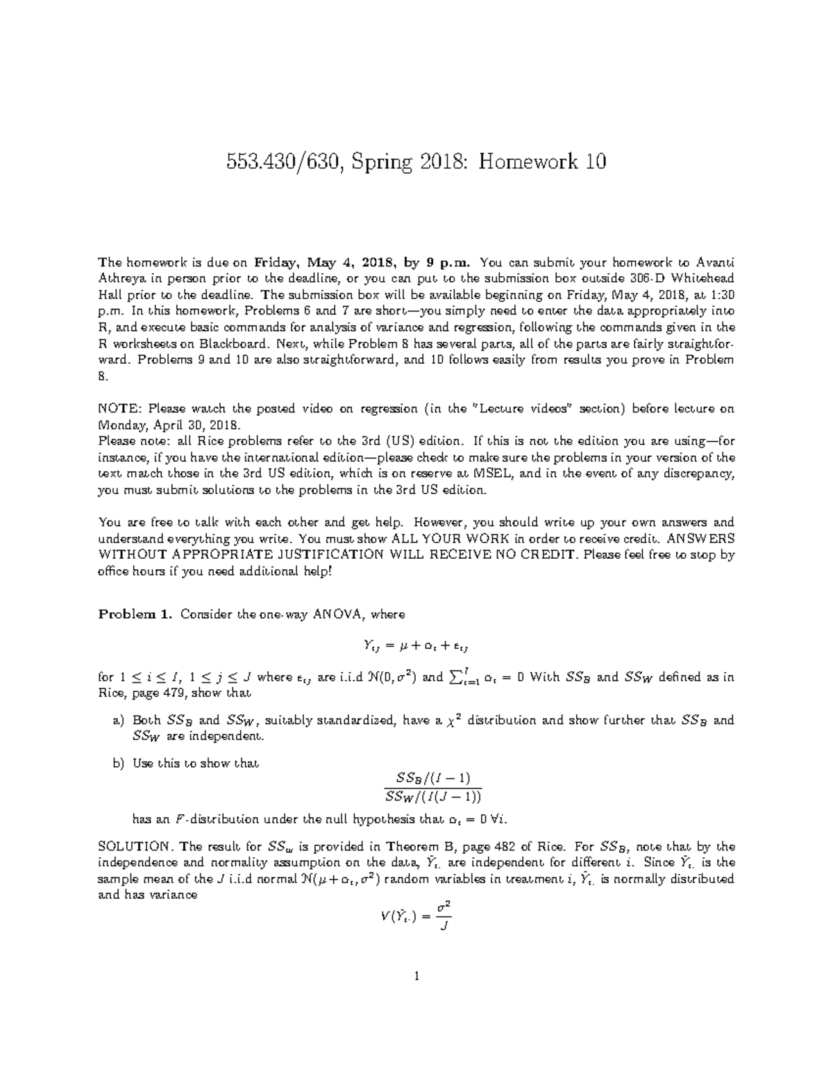 Stat430 630 Spring 2018 Homework 10 solutions - Spring 2018: Homework ...