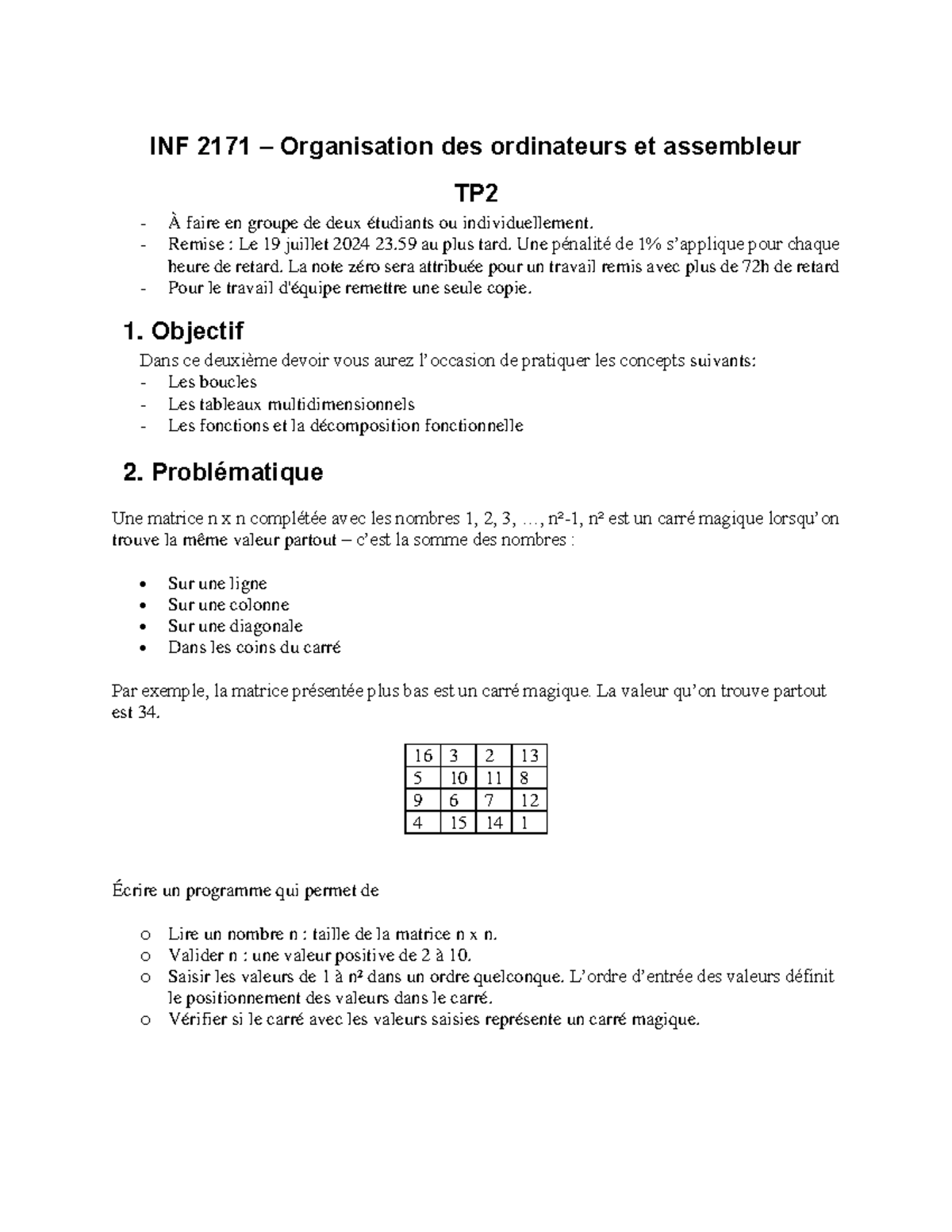 TP2 Summer 24 - Énoncé du TP2 - INF 2171 – Organisation des ordinateurs et assembleur TP À faire ...