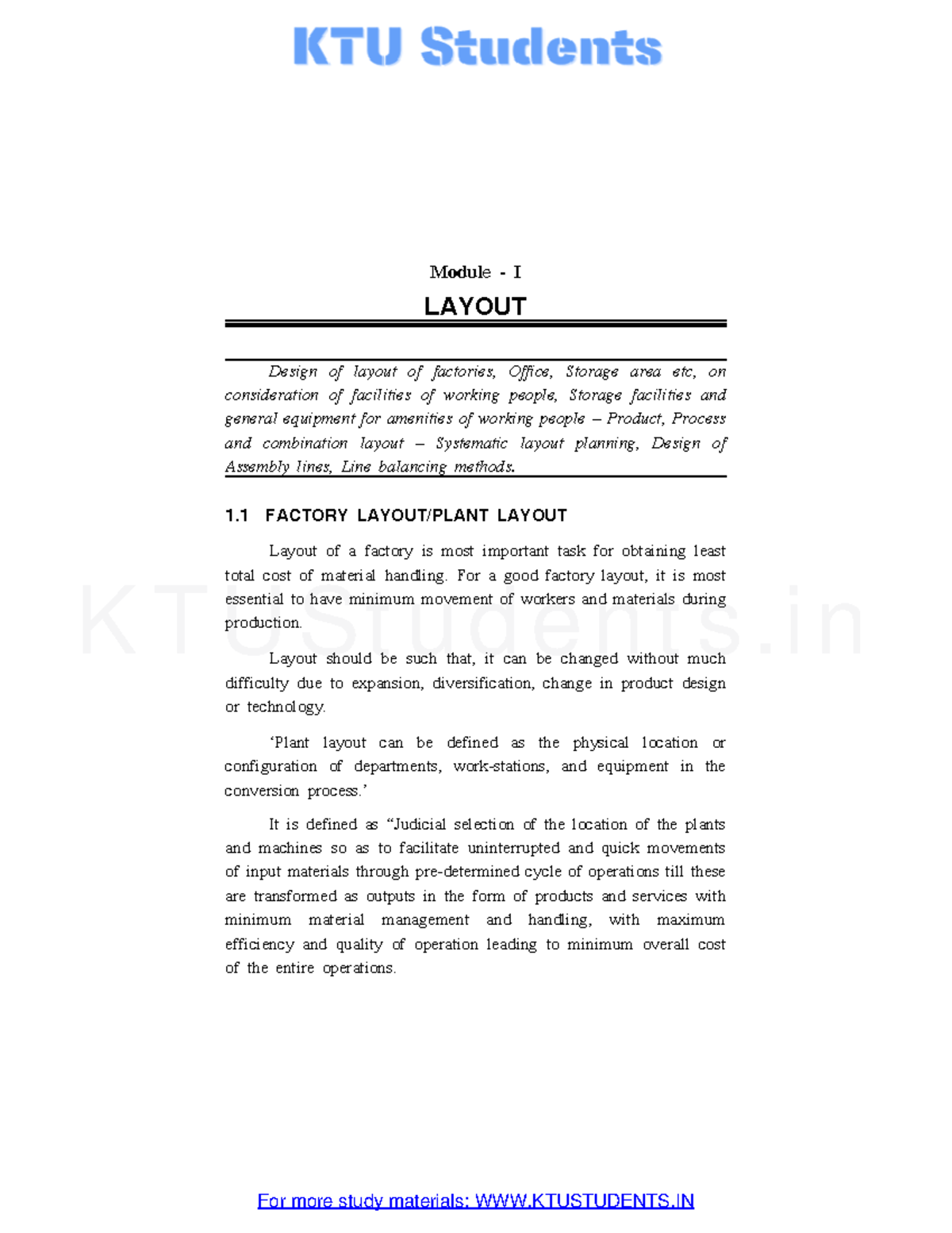 Module 1 a - kuygyjytxdki,g,l - Module - I LAYOUT Design of layout of factories, Office, Storage ...