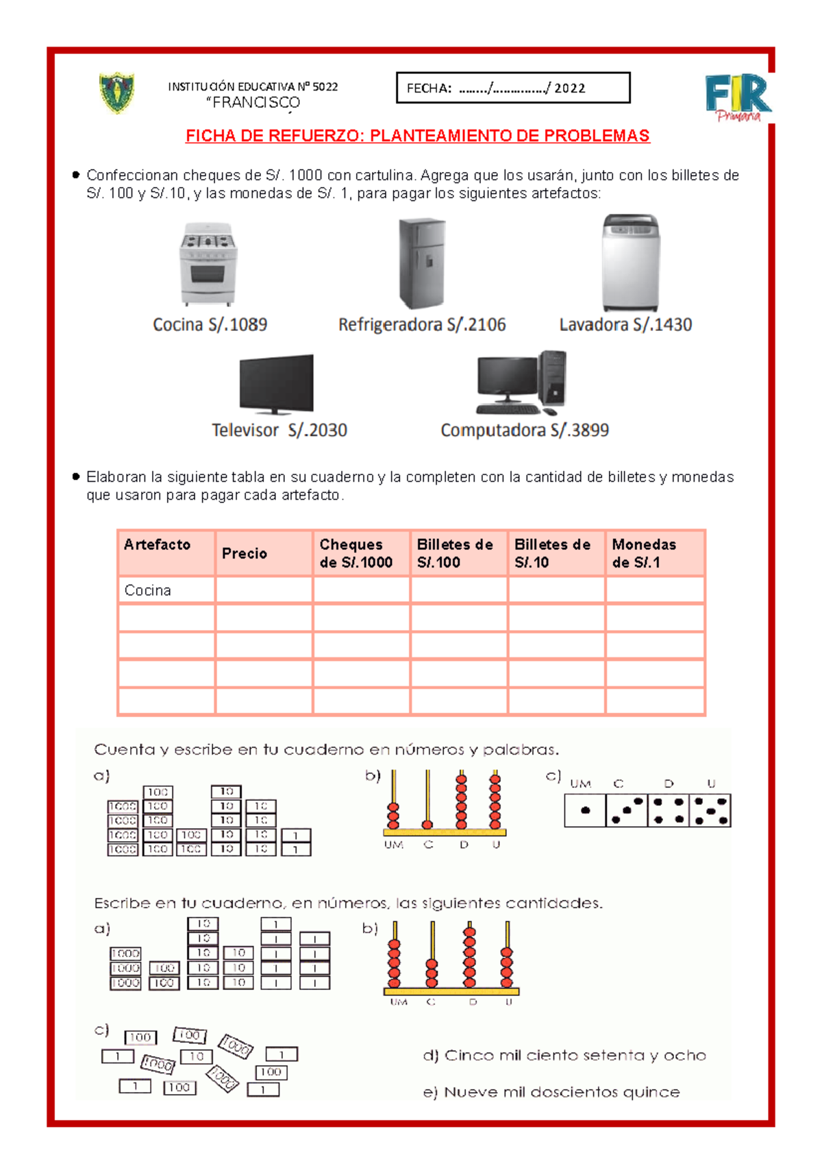 1. Ficha Leemos y escribimos números hasta UM - FICHA DE REFUERZO ...
