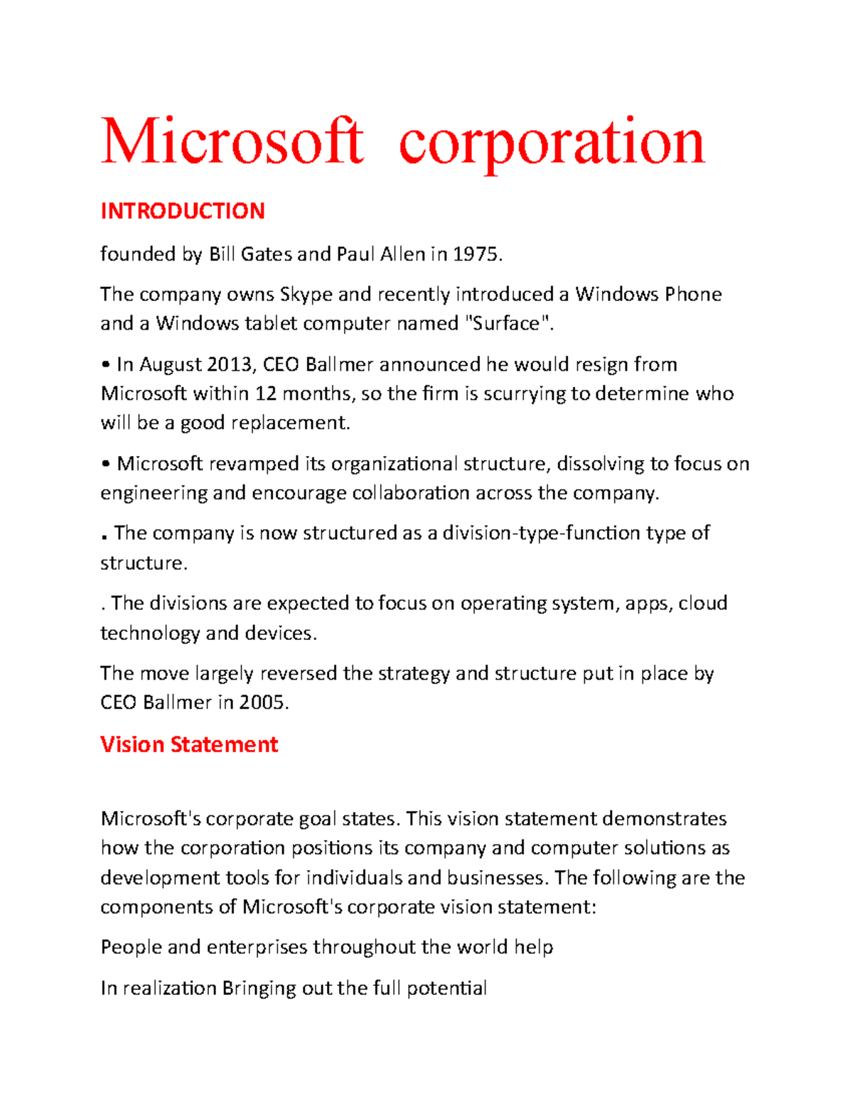Microsoft corporation - Microsoft corporation INTRODUCTION founded by ...