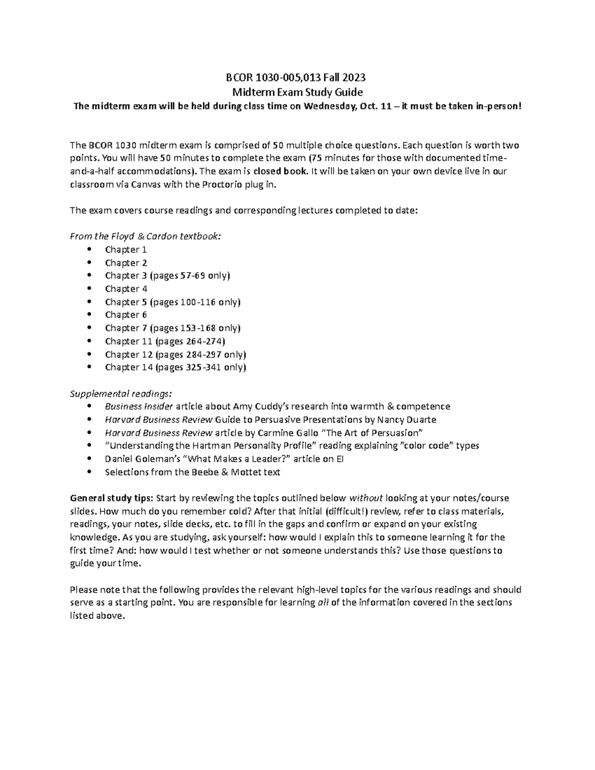 BCOR 103-005,013 F23 Midterm Study Guide SRC - BCOR 1030-005,013 Fall 2023 Midterm Exam Study ...