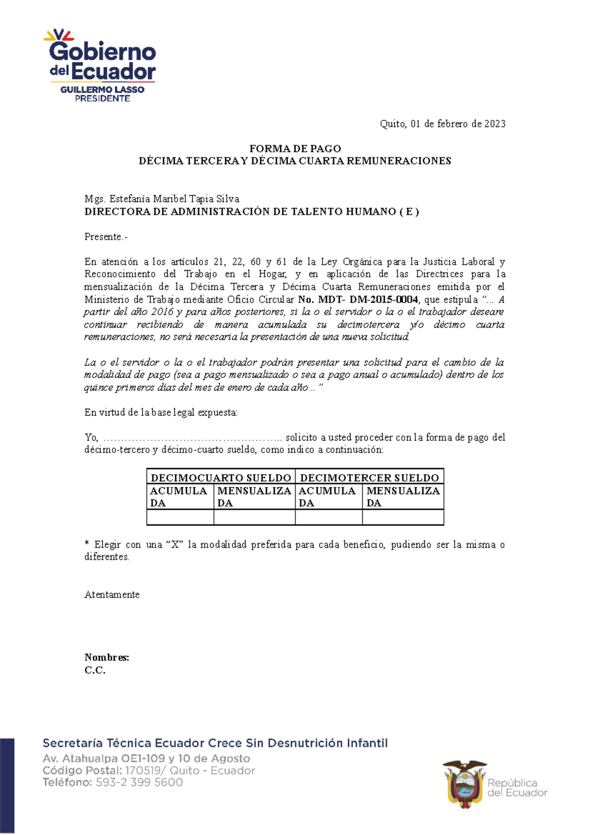 Formulario para pago de decimos - Quito, 01 de febrero de 2023 FORMA DE ...