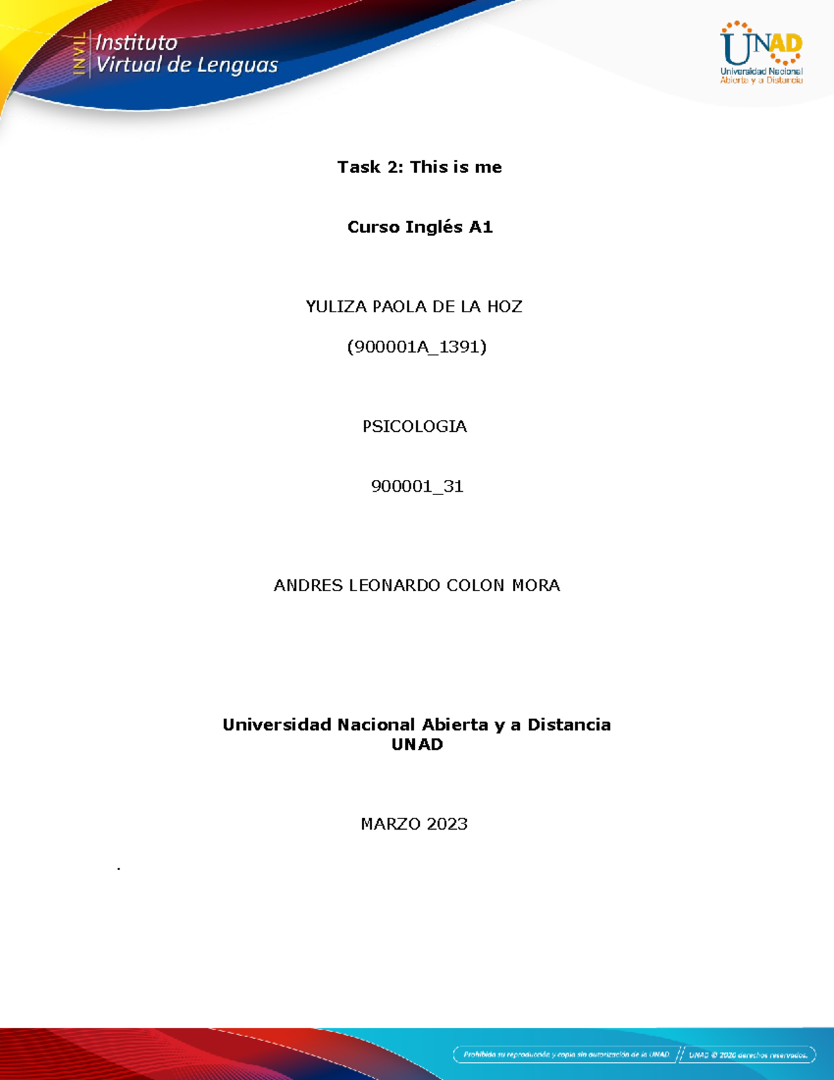 ingles tarea 1 this me - Task 2: This is me Curso Inglés A YULIZA PAOLA ...