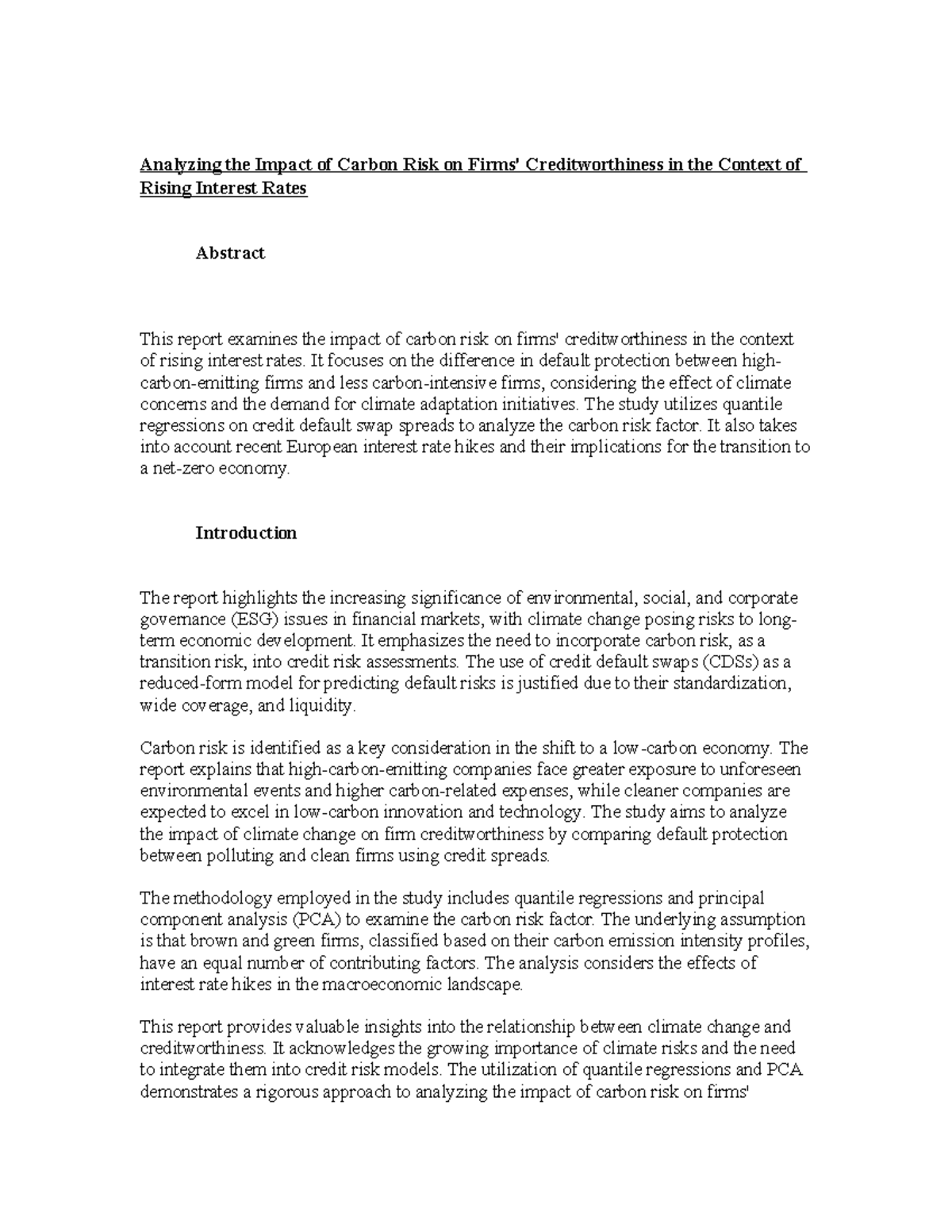 Analyzing the Impact of Carbon Risk on Firms - It focuses on the ...