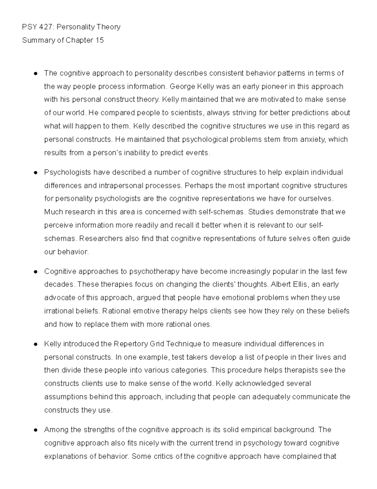 PSY 427 Ch 15 Summary - PSY 427: Personality Theory Summary of Chapter ...