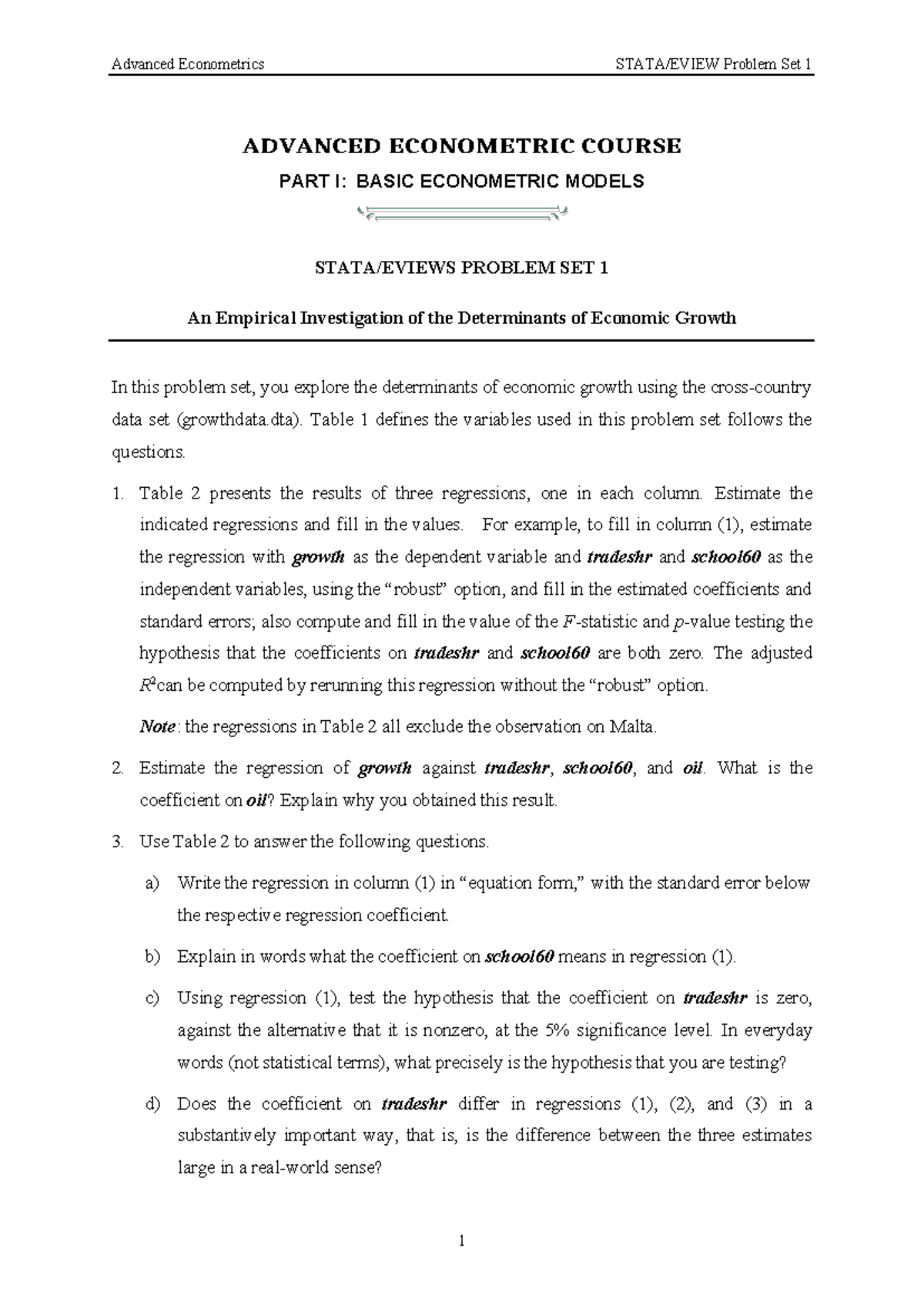 Stata Eview Problem Set 1 Tp Advanced Econometric Course Part I Basic Econometric Models