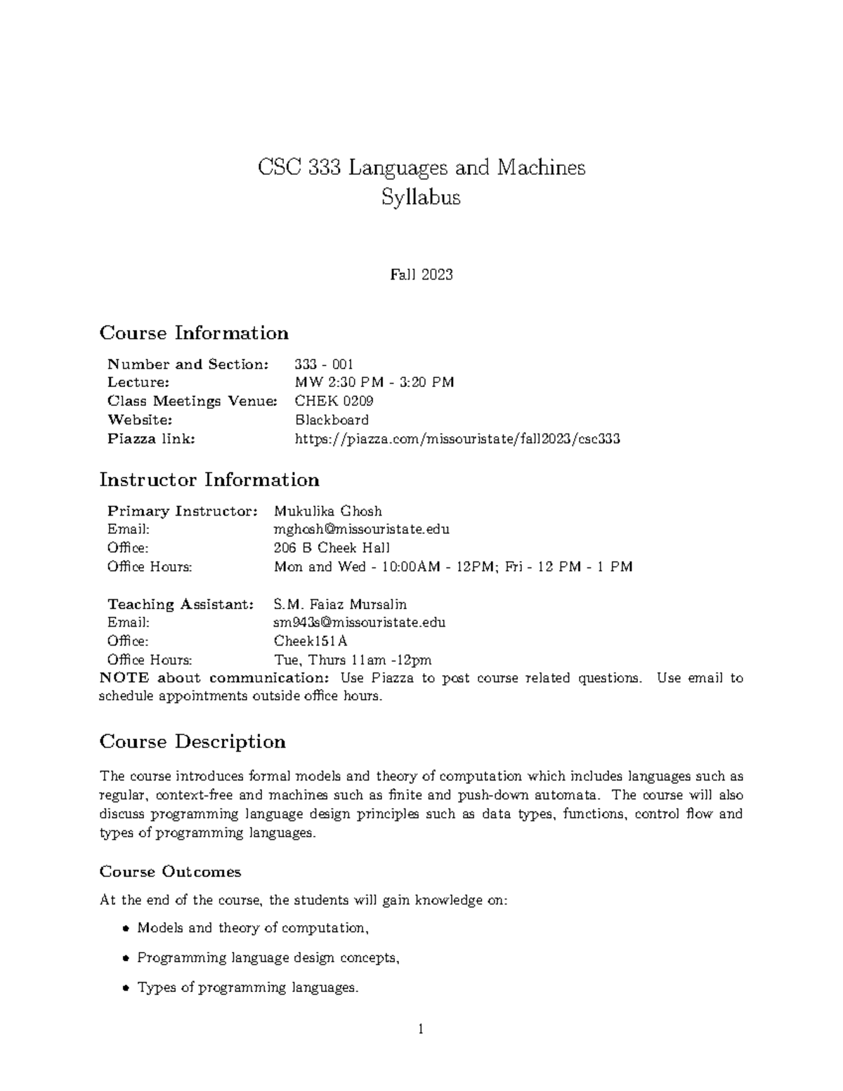 Syllabus 333 - CSC 333 Languages and Machines Syllabus Fall 2023 Course Information Number and ...
