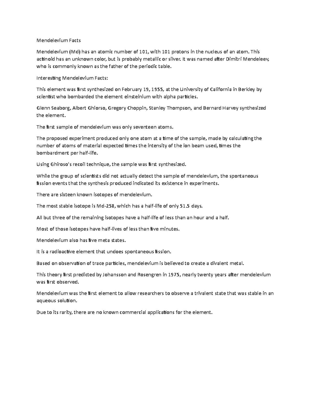Mendelevium Facts - Lecture notes 11 - Mendelevium Facts Mendelevium ...