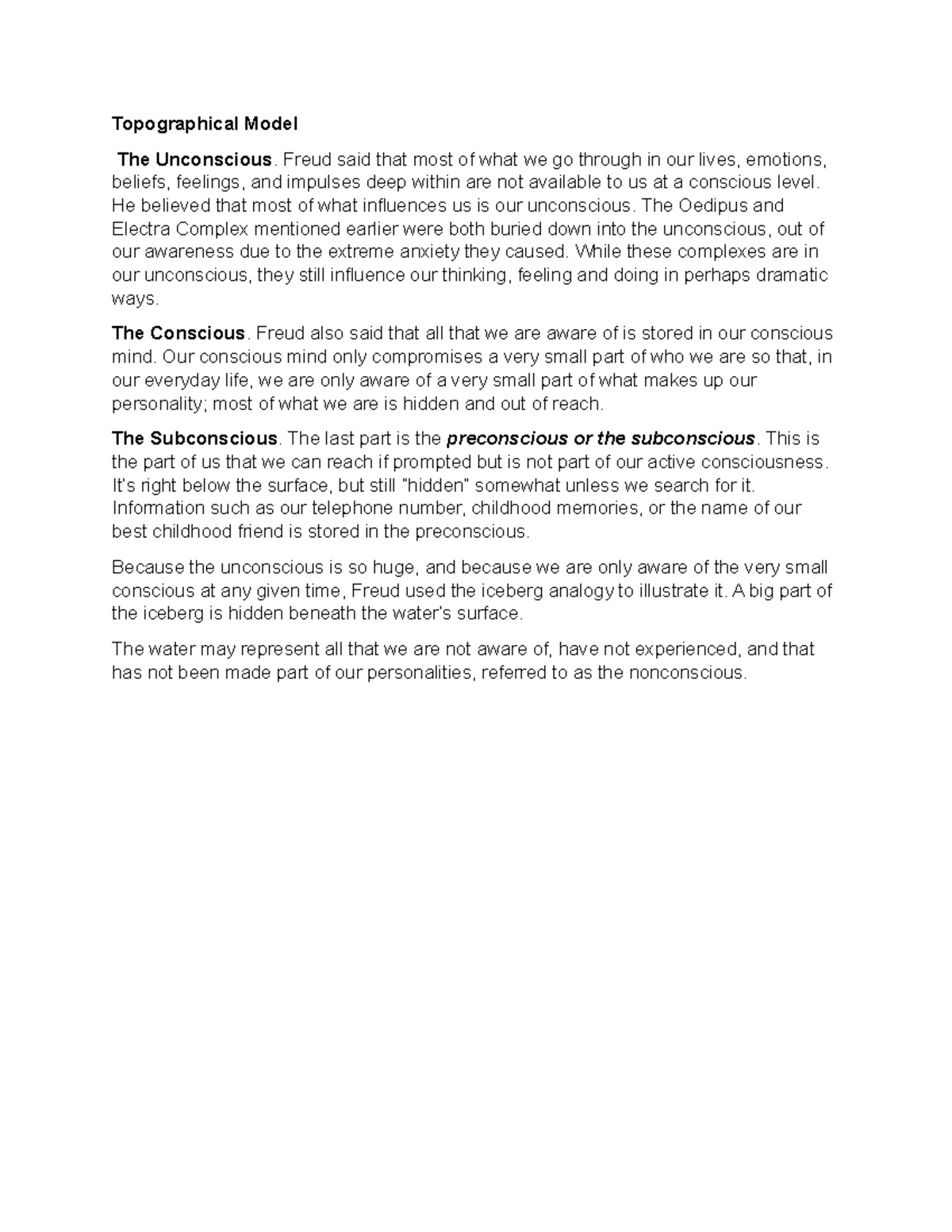 Topographical Model - NOTES - Topographical Model The Unconscious ...