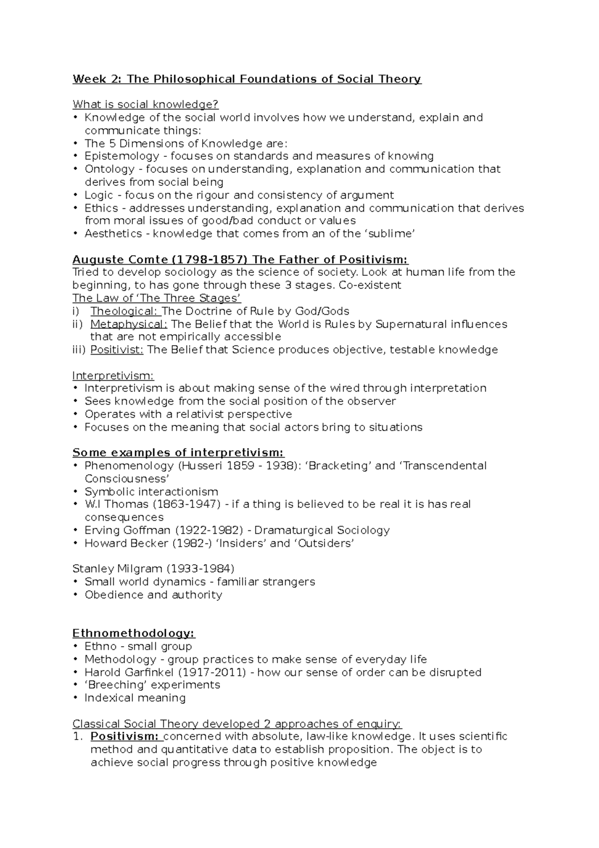 Week 2 Lecture Notes 2 Week 2 The Philosophical Foundations Of Social Theory What Is Social 