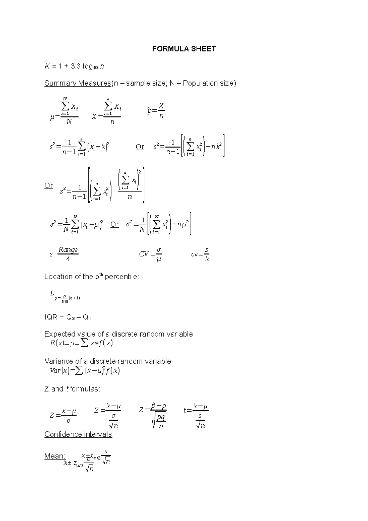 Formula Sheet and the Tables - FORMULA SHEET K = 1 + 3 log 10 n Summary ...