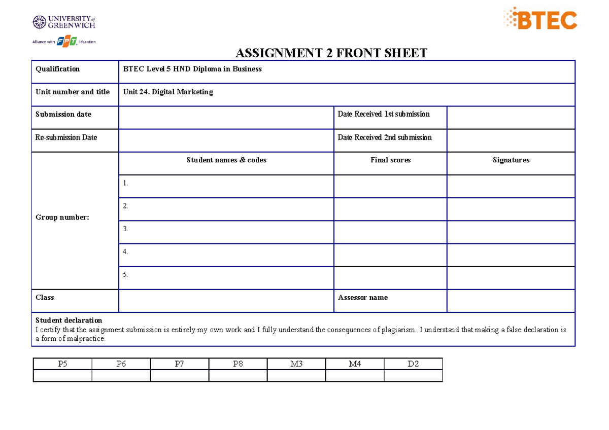 538 - Assignment 2 Frontsheet - ASSIGNMENT 2 FRONT SHEET Qualification BTEC Level 5 HND Diploma ...